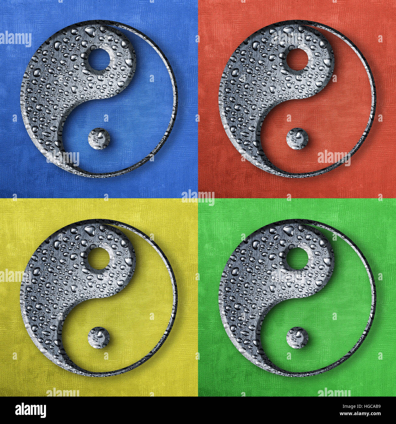 Symbol of Yin and Yang in brushed metal covered with water drops Stock ...