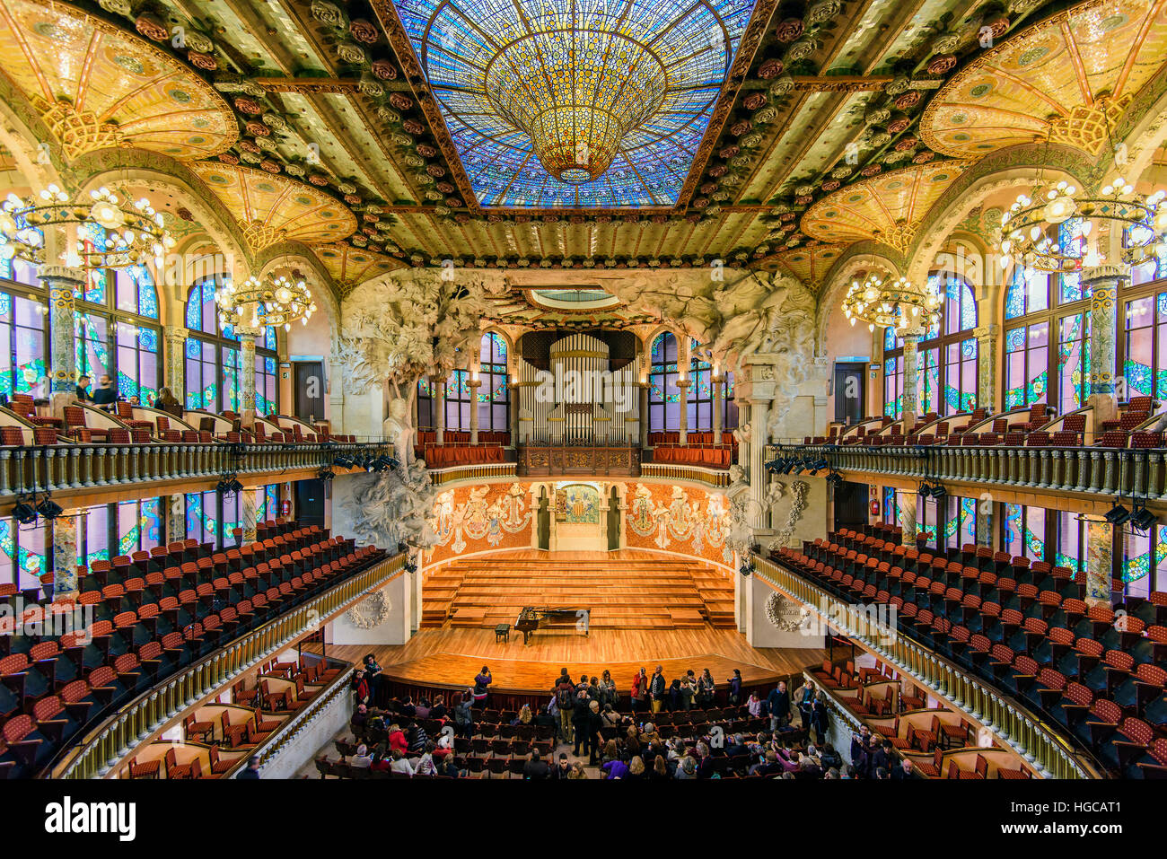 Interior view of the Palau de la Musica Catalana or Palace of Catalan ...