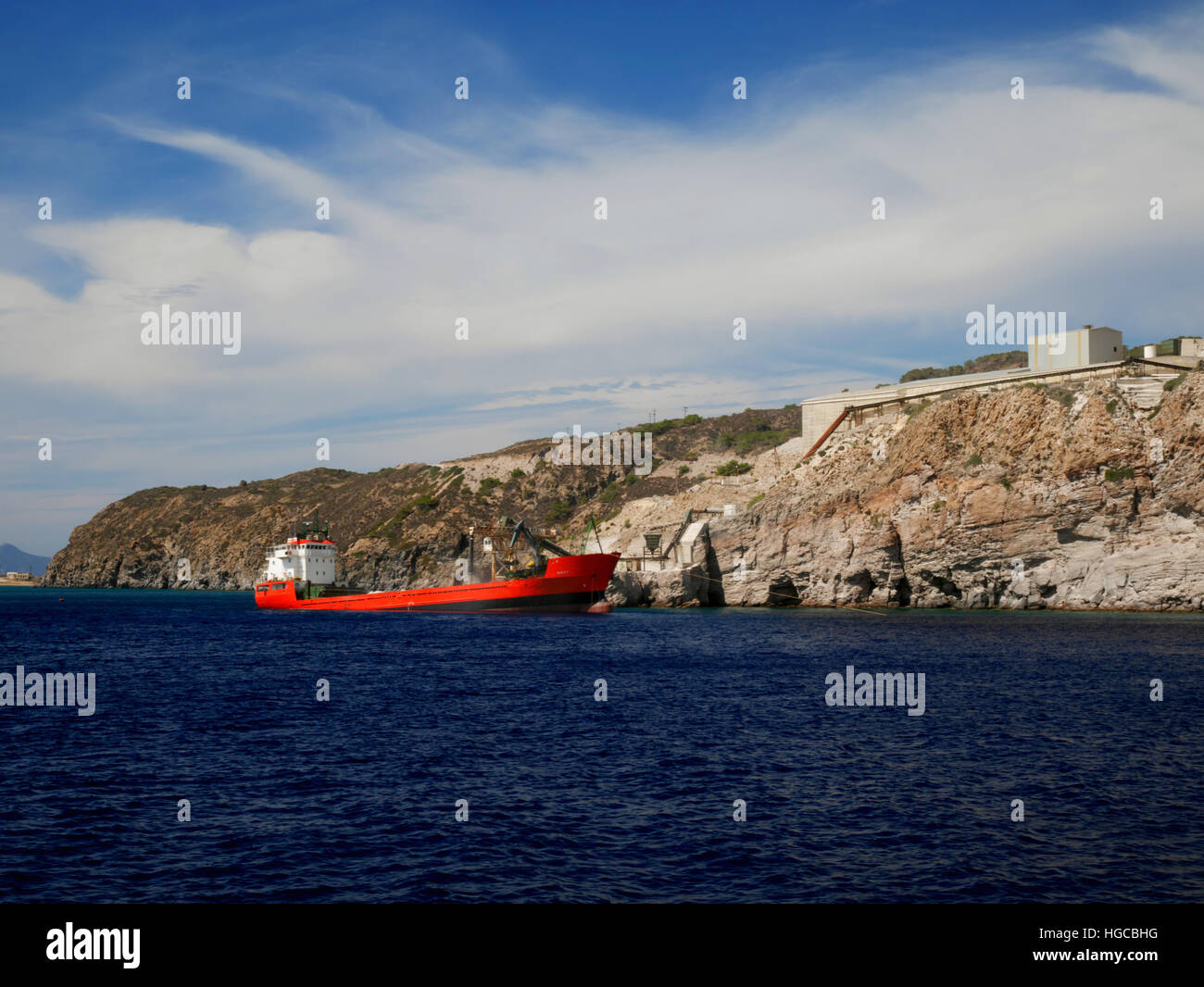 Perlite mines, Gyali, Nisyros, Greece. Ship being loaded by conveyor ...