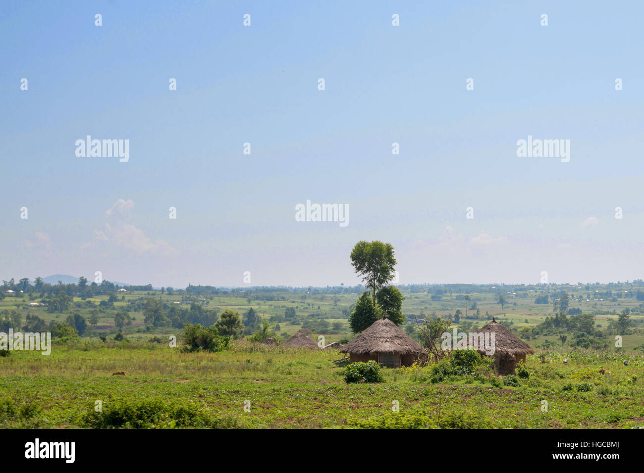 Rural African landscape of countryside with traditional huts in Kenya ...