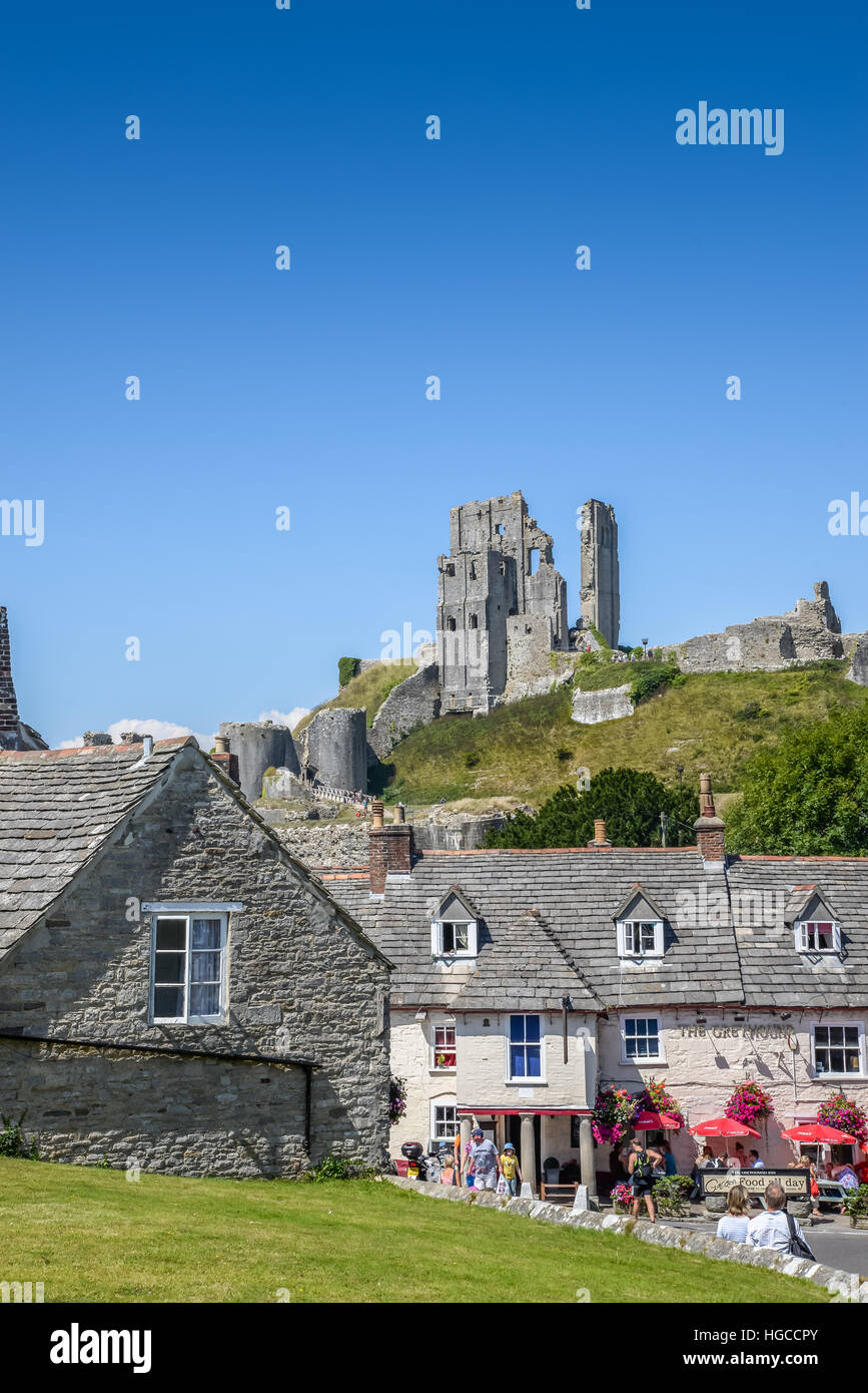 Ruins of the medieval Corfe Castle on the Isle of Purbeck in Dorset ...