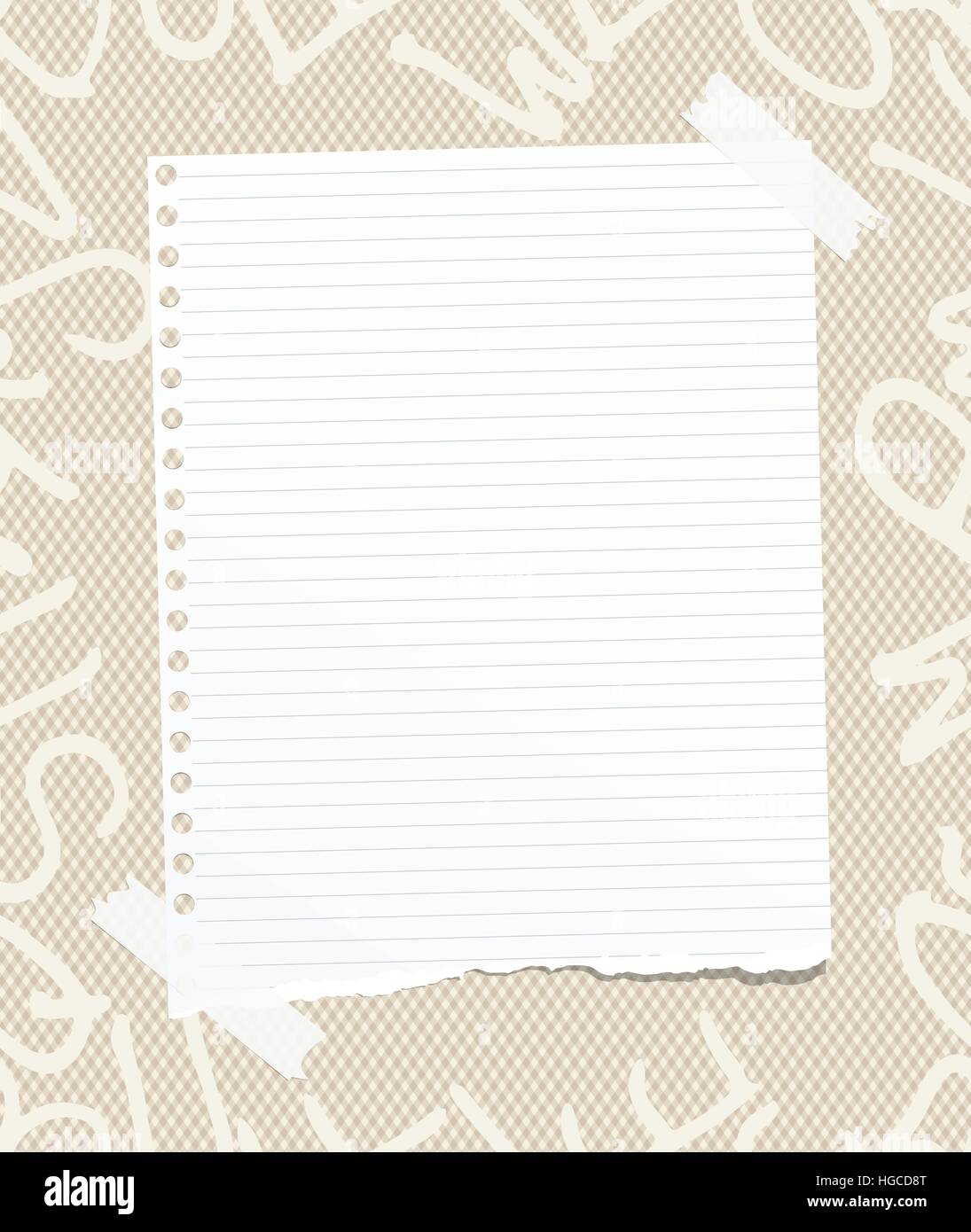White ruled ripped note, notebook, copybook paper sheet on pattern ...
