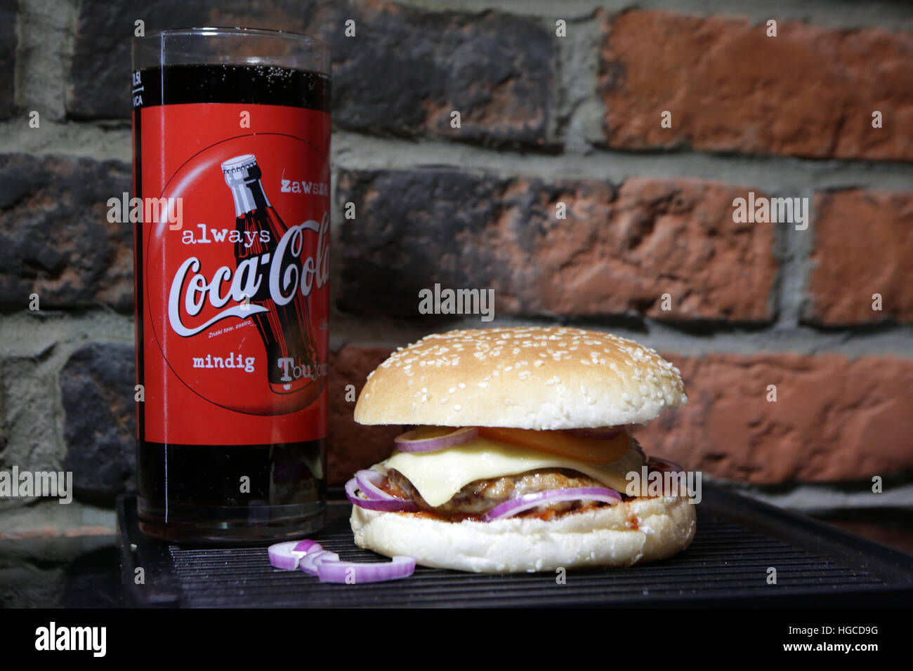 KRAKOW, POLAND - JANUARY 05, 2017, Coca cola and Hamburger with beef ...