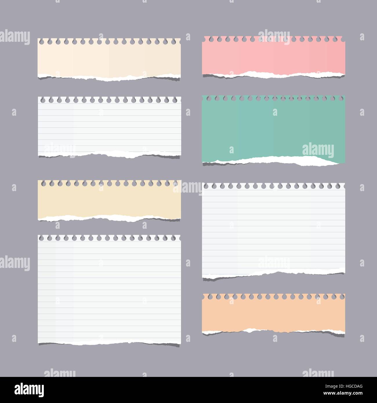 Pieces of ripped different size colorful note, notebook, copybook paper ...