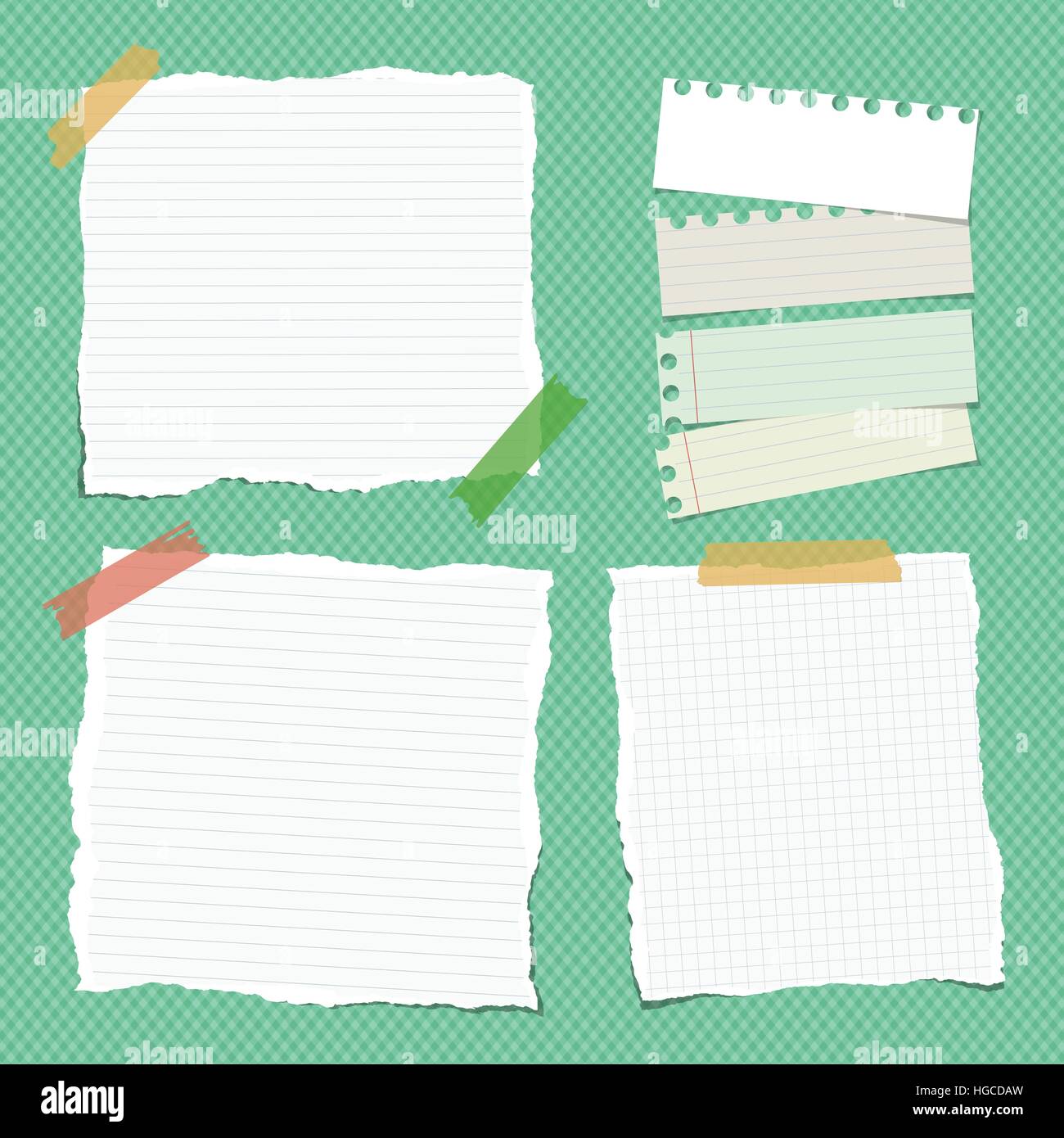 Ripped white ruled note, notebook, copybook paper sheets stuck with ...