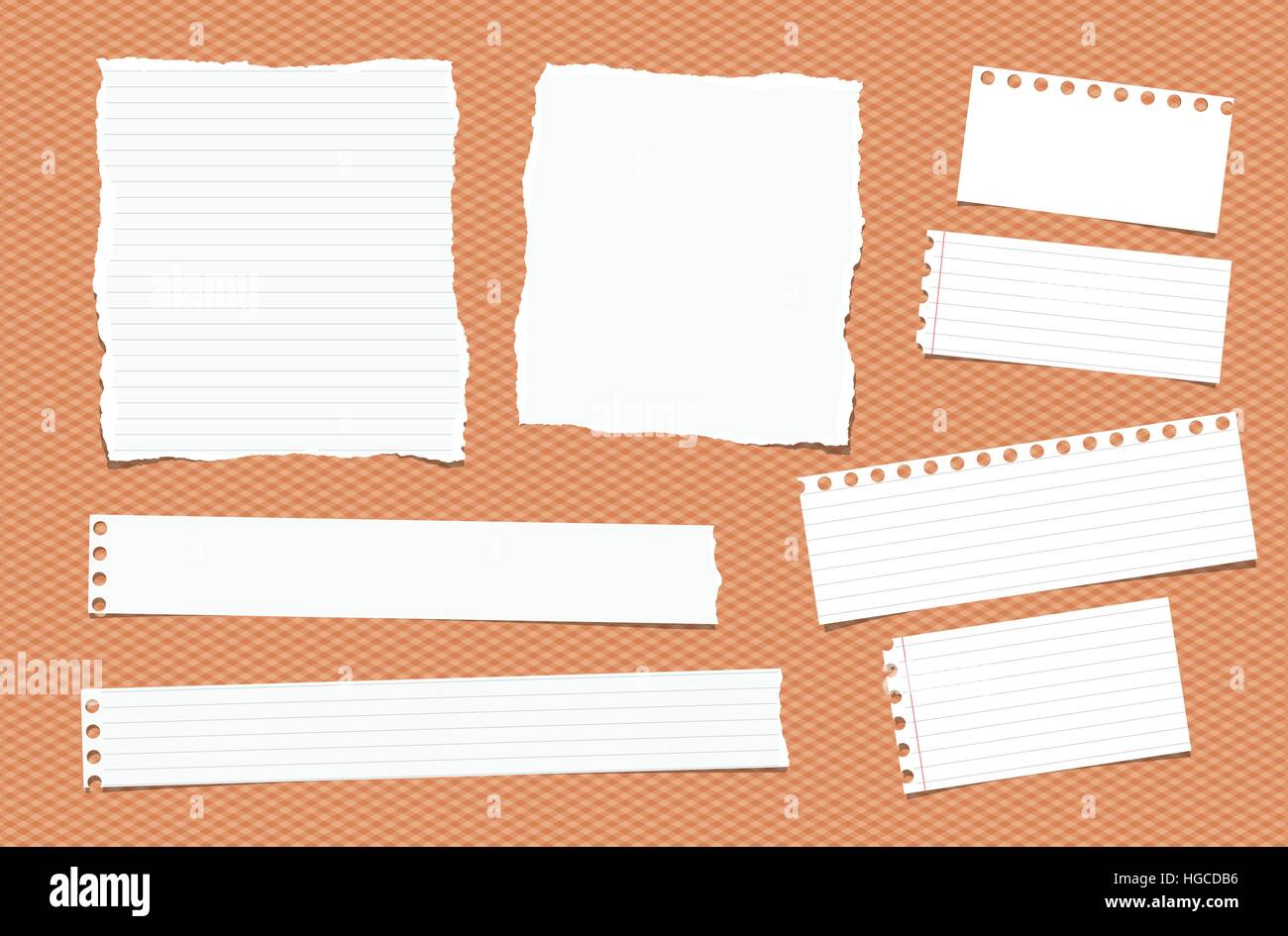 Pieces of ripped different size white note, notebook, copybook paper ...