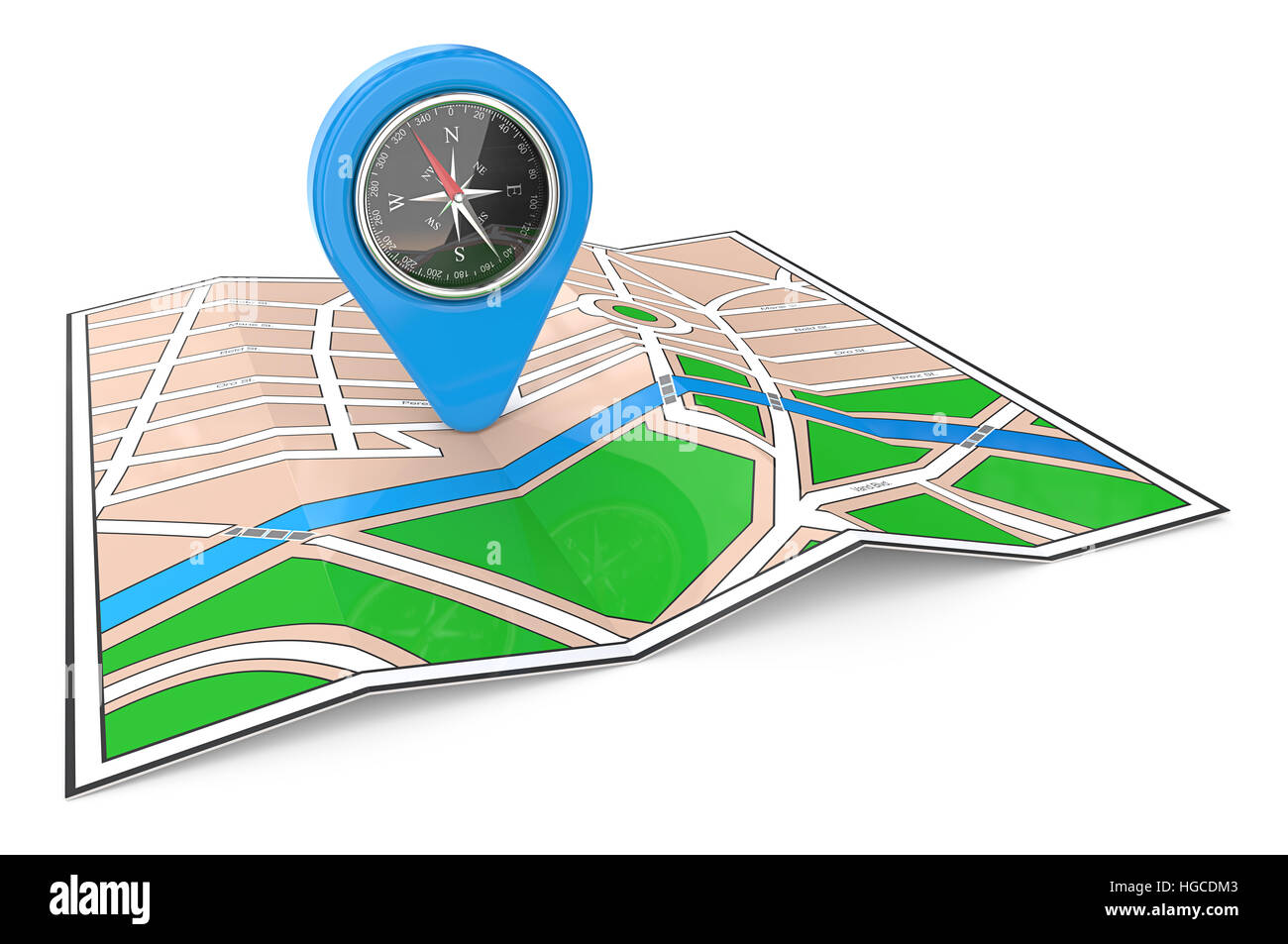 3D render of a Map with GPS Pointer and Compass Stock Photo - Alamy