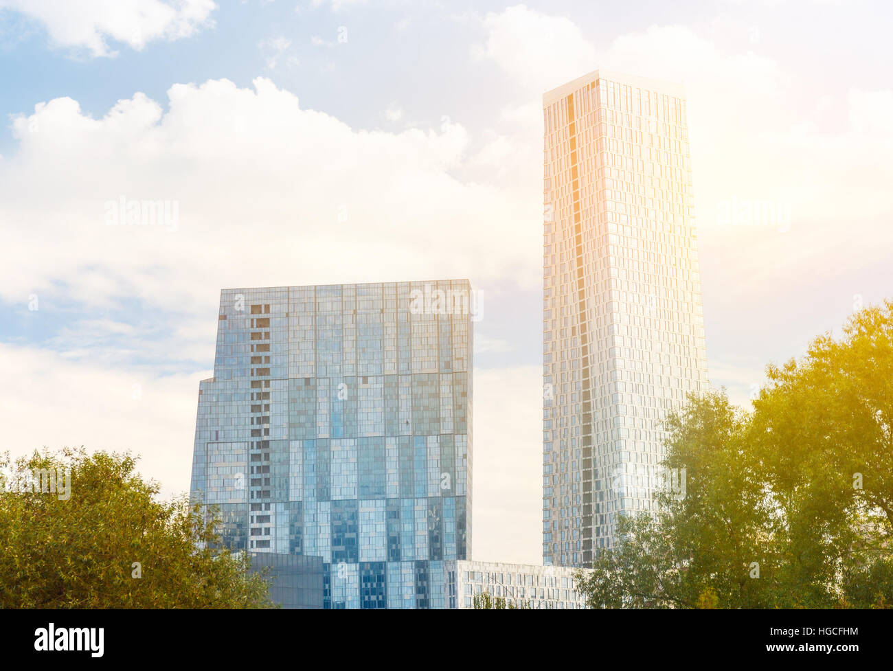 Modern high-rise buildings on sunny day with sunflare effect Stock ...