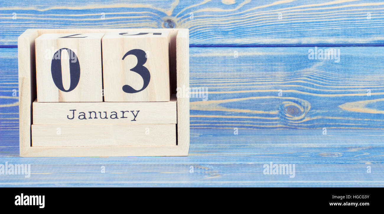 Vintage photo, January 3rd. Date of 3 January on wooden cube calendar ...