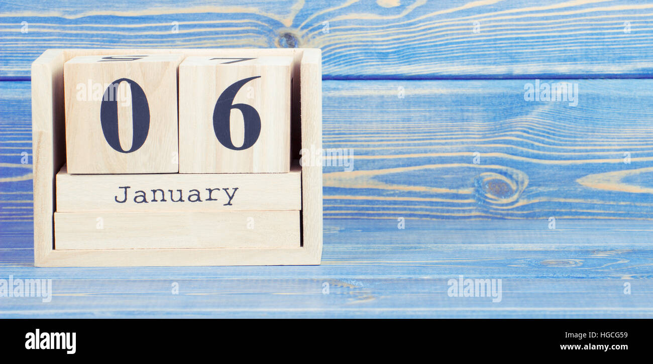 Vintage photo, January 6th. Date of 6 January on wooden cube calendar ...