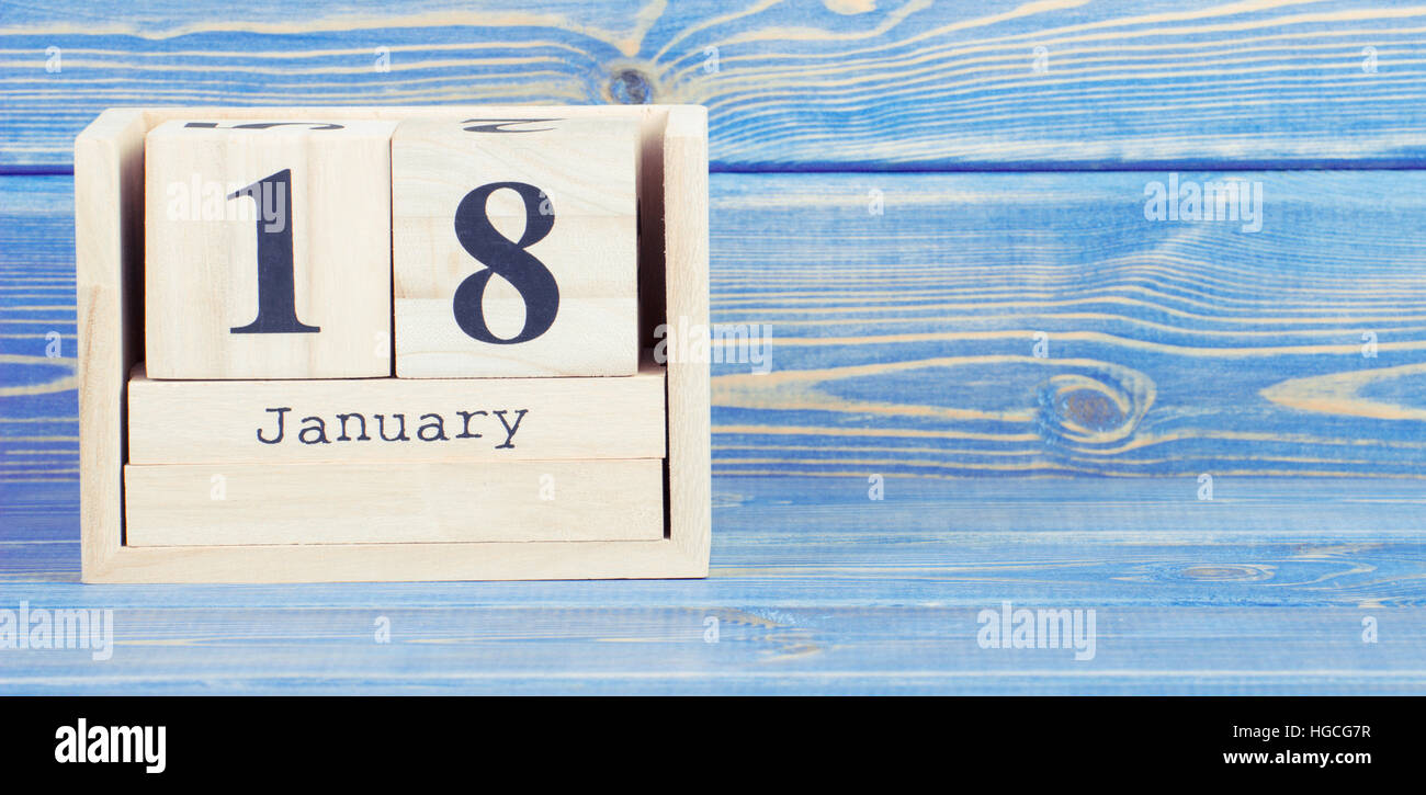 Vintage photo, January 18th. Date of 18 January on wooden cube calendar ...