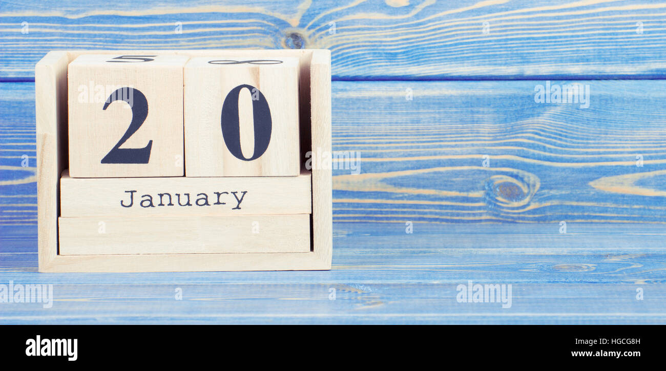 Vintage photo, January 20th. Date of 20 January on wooden cube calendar ...