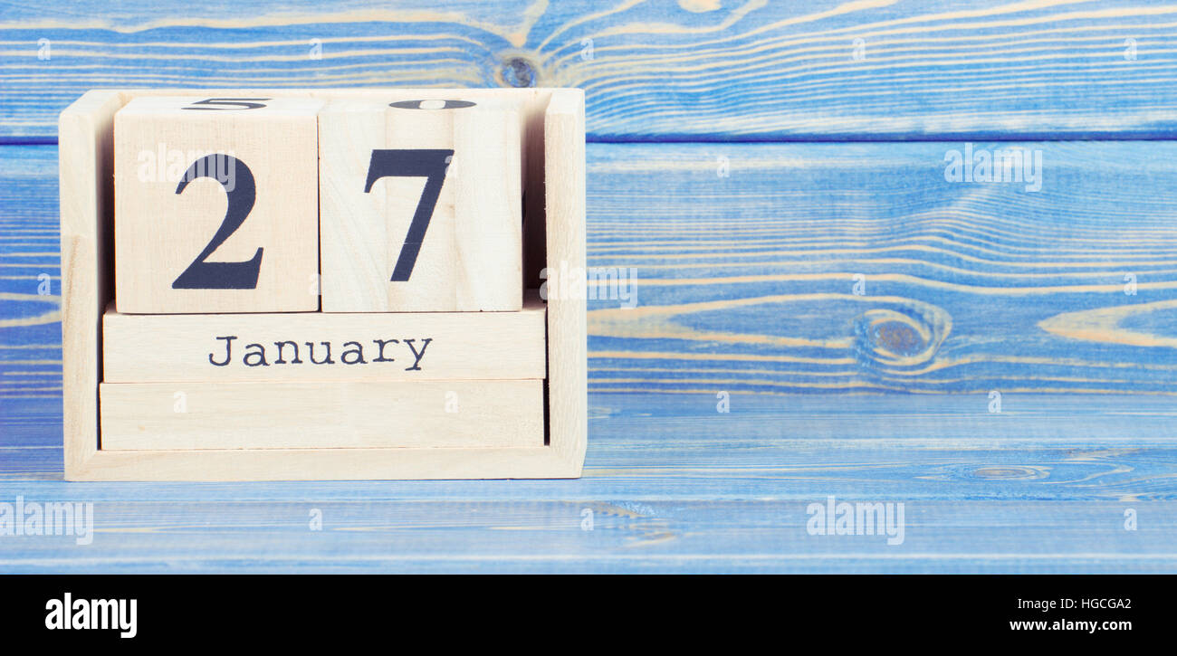 Vintage photo, January 27th. Date of 27 January on wooden cube calendar ...