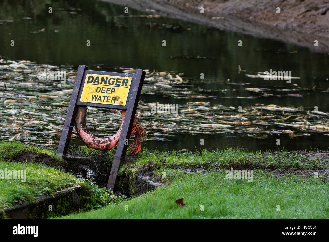 A danger sign and a life buoy have been put up next to a lake warning ...