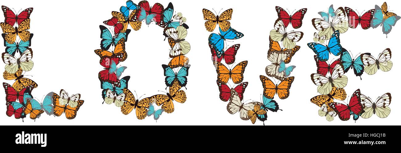 vector illustration of love text with butterflies Stock Vector Image ...