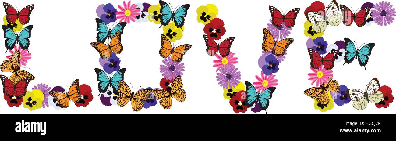 vector illustration of love text with butterflies Stock Vector Image ...