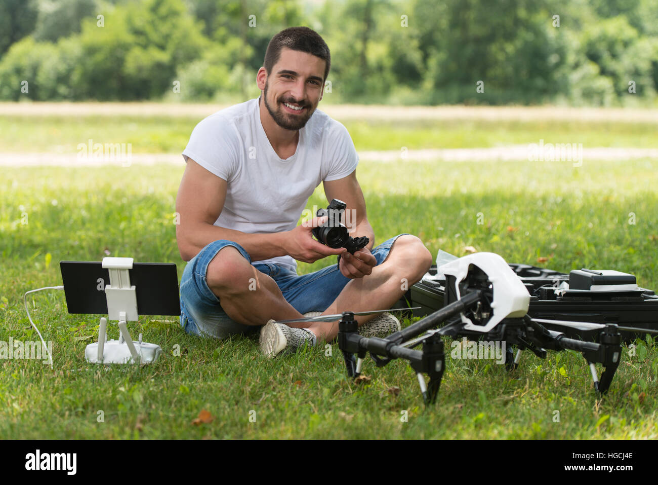 Closeup of Young Engineer Man Checking the Camera from a Drone With ...
