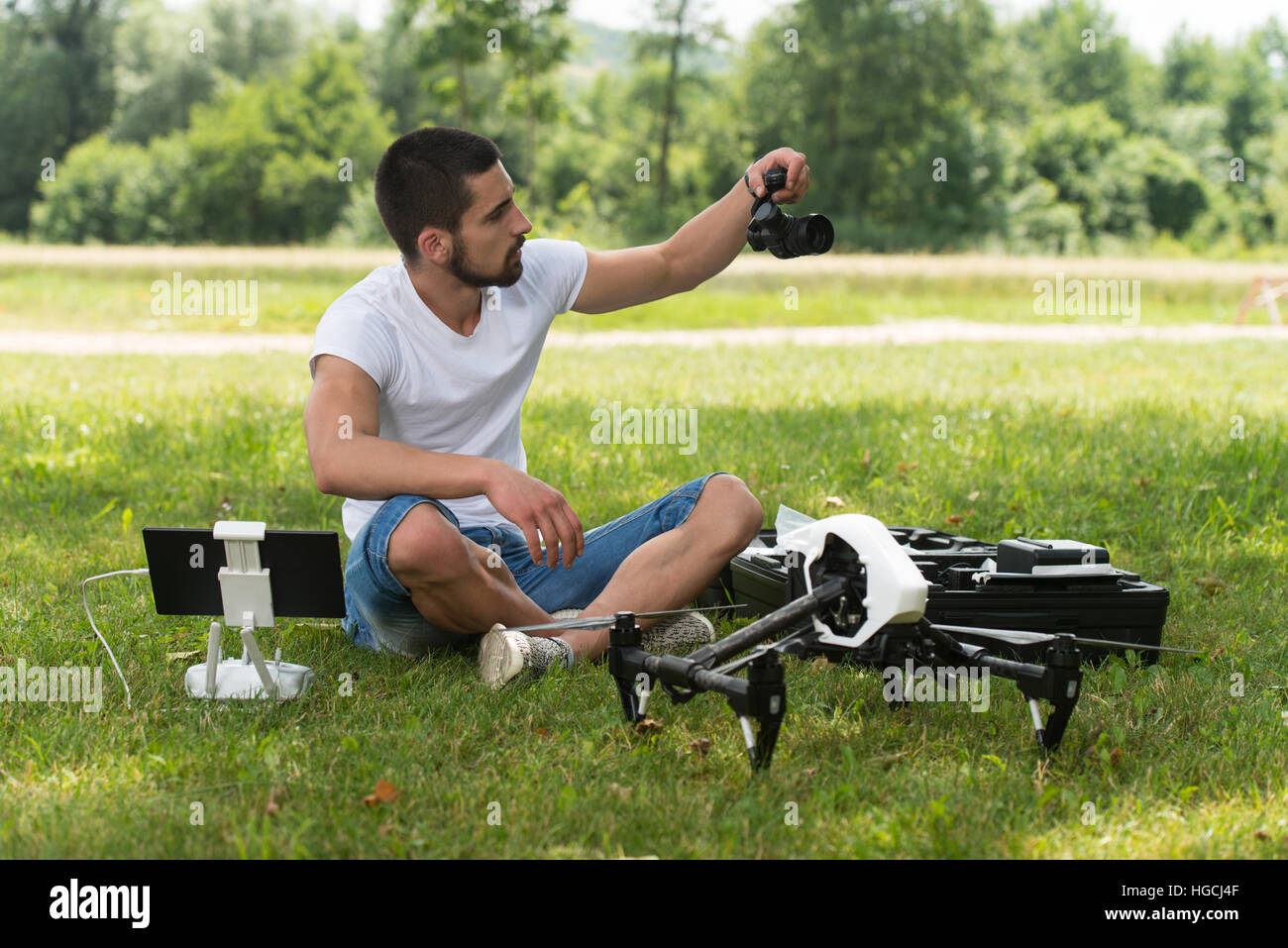 Closeup of Young Engineer Man Checking the Camera from a Drone With ...