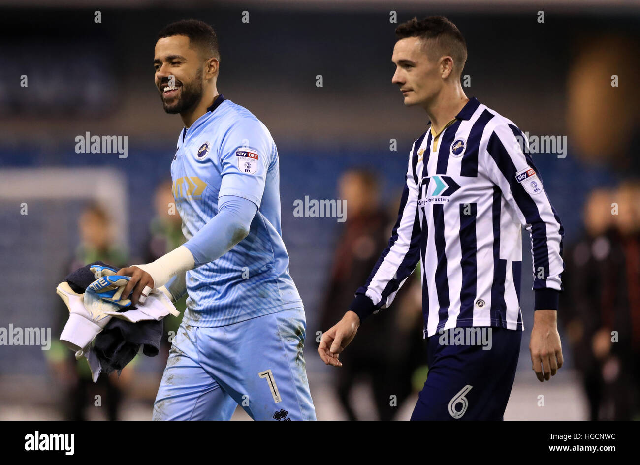 Millwall goalkeeper Jordan Archer and team mate Shaun Williams react ...