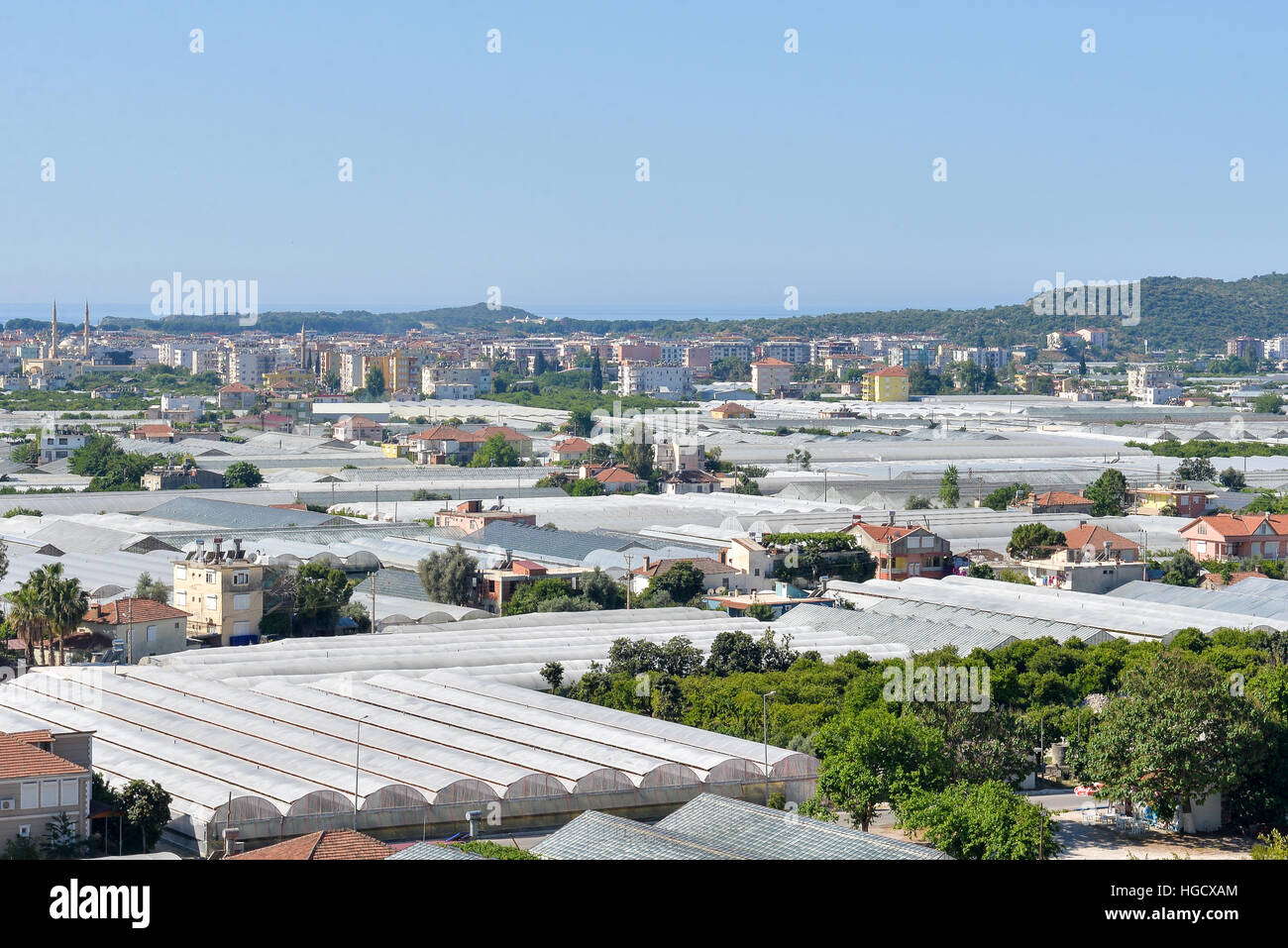Aerial view of greenhouses in Demre town, Antalya district, Turkey ...