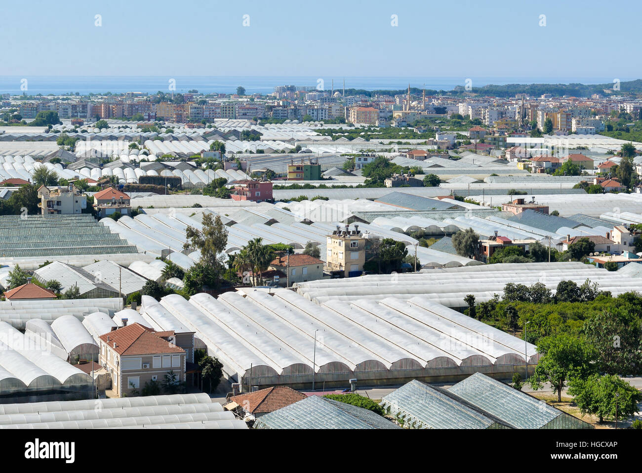 Aerial view of greenhouses in Demre town, Antalya district, Turkey ...