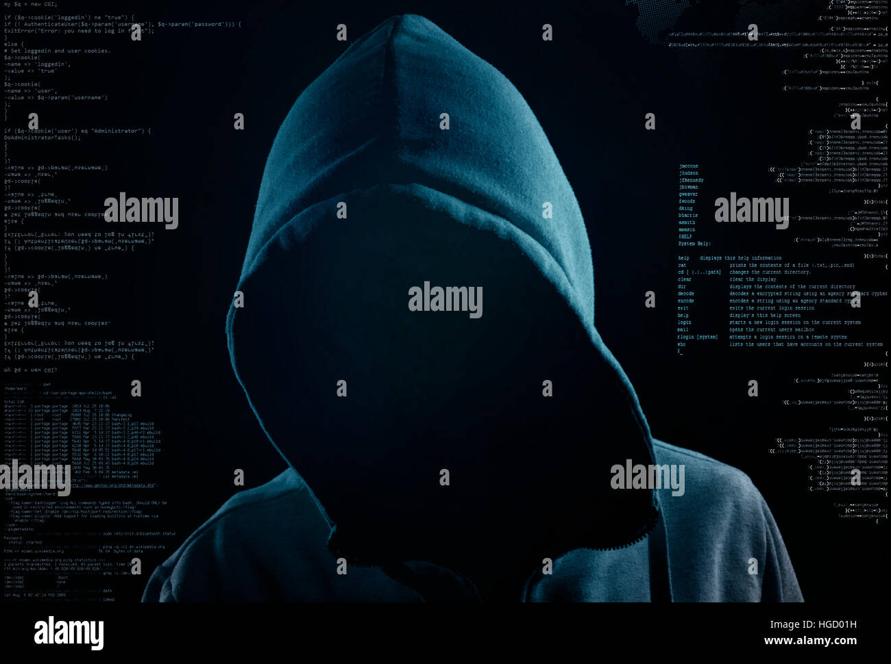 hacker at work with graphic user interface around Stock Photo - Alamy