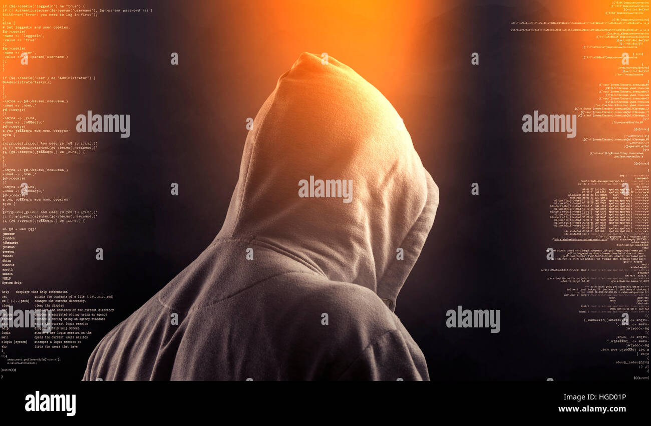 hacker at work with graphic user interface around Stock Photo - Alamy