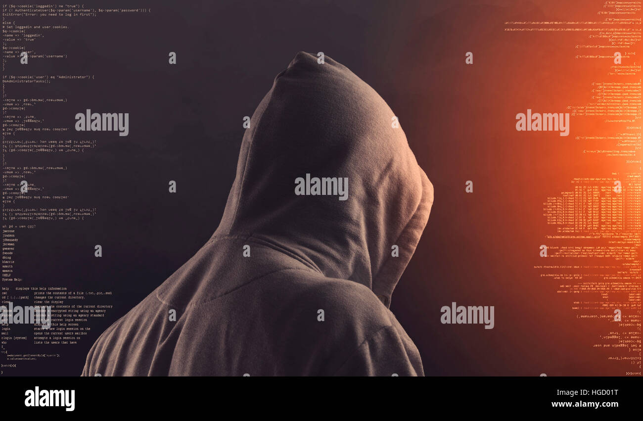 hacker at work with graphic user interface around Stock Photo - Alamy