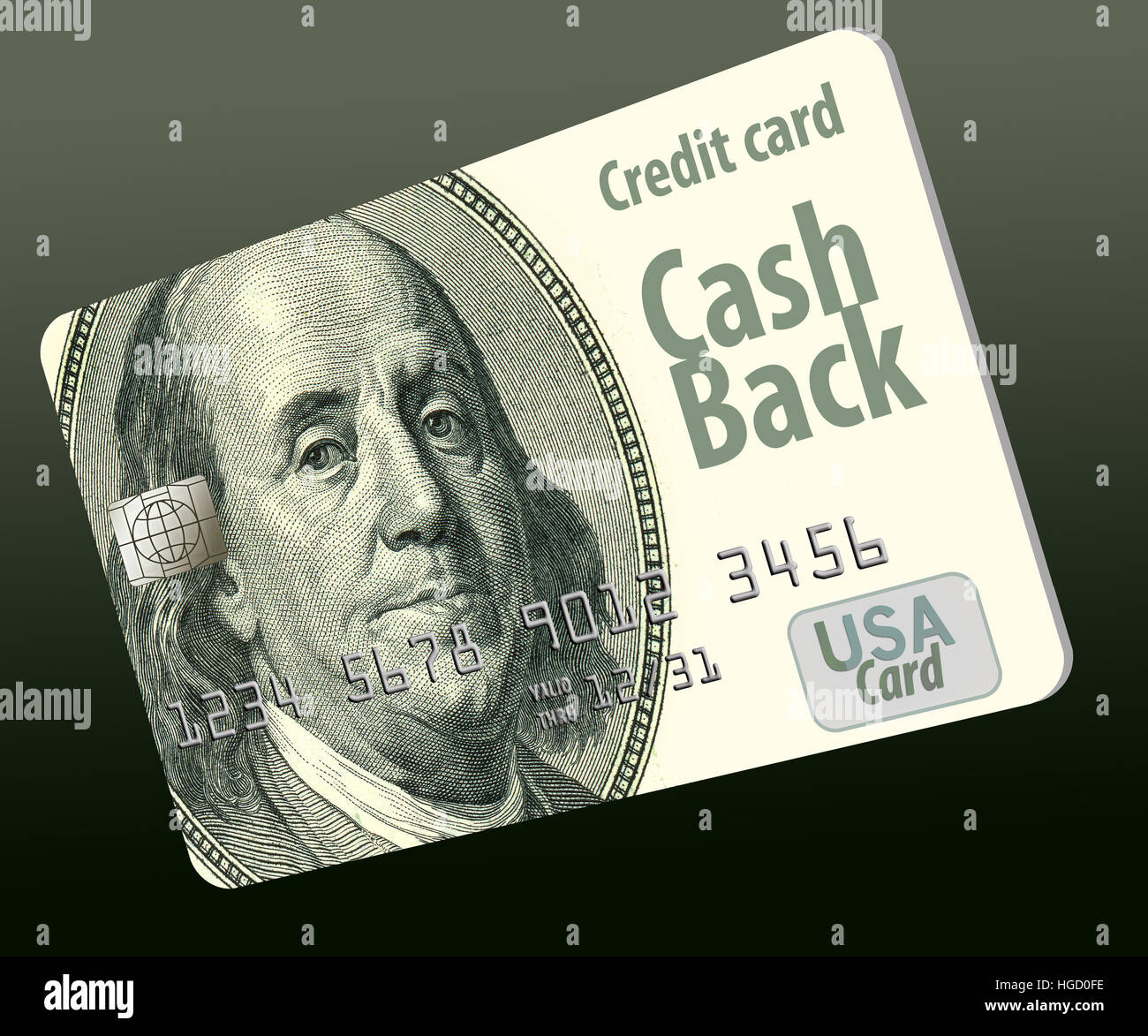 Cash Back Card. Ben Franklin from a one-hundred dollar bill decorates ...