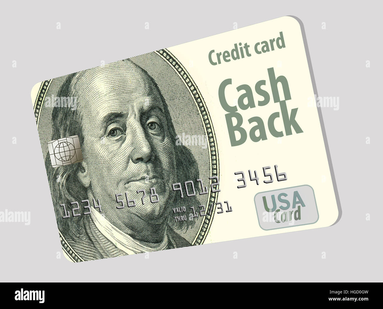 Cash Back Card. Ben Franklin from a one-hundred dollar bill decorates ...