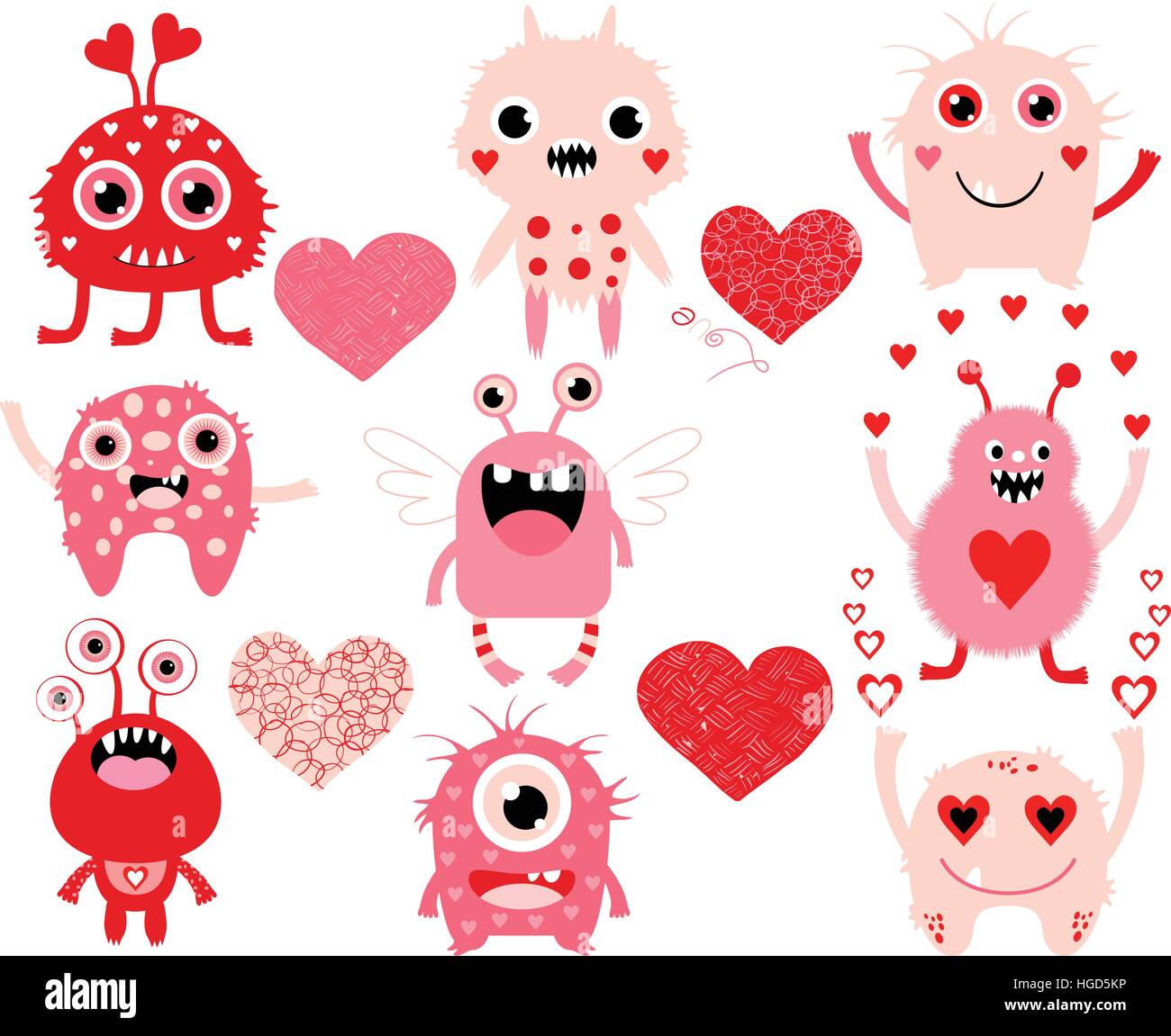Vector love set of cute Valentines Day monster creatures and hearts in ...