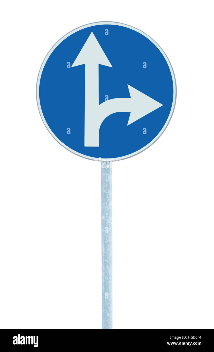 Mandatory straight or right turn ahead, traffic lane route direction ...