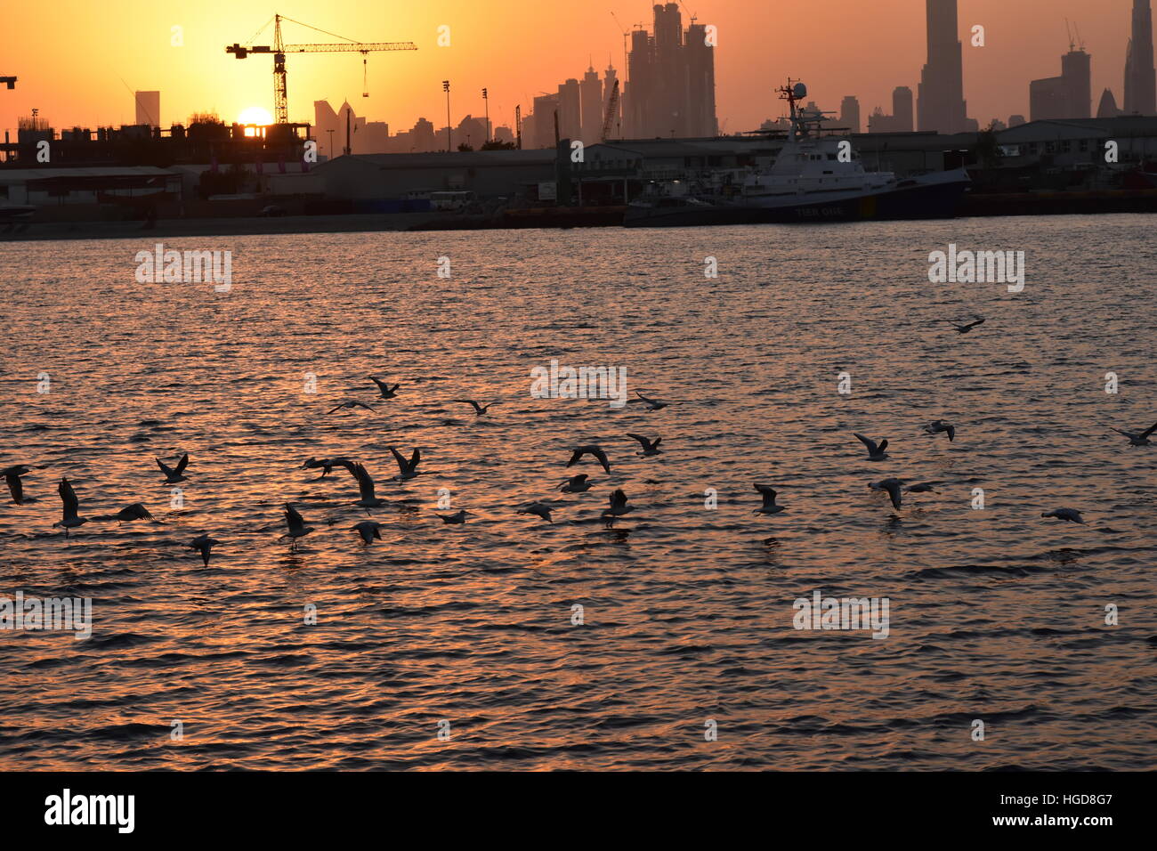 Dubai Ferry route at evening view, Dubai Canal, United Arab Emirates ...