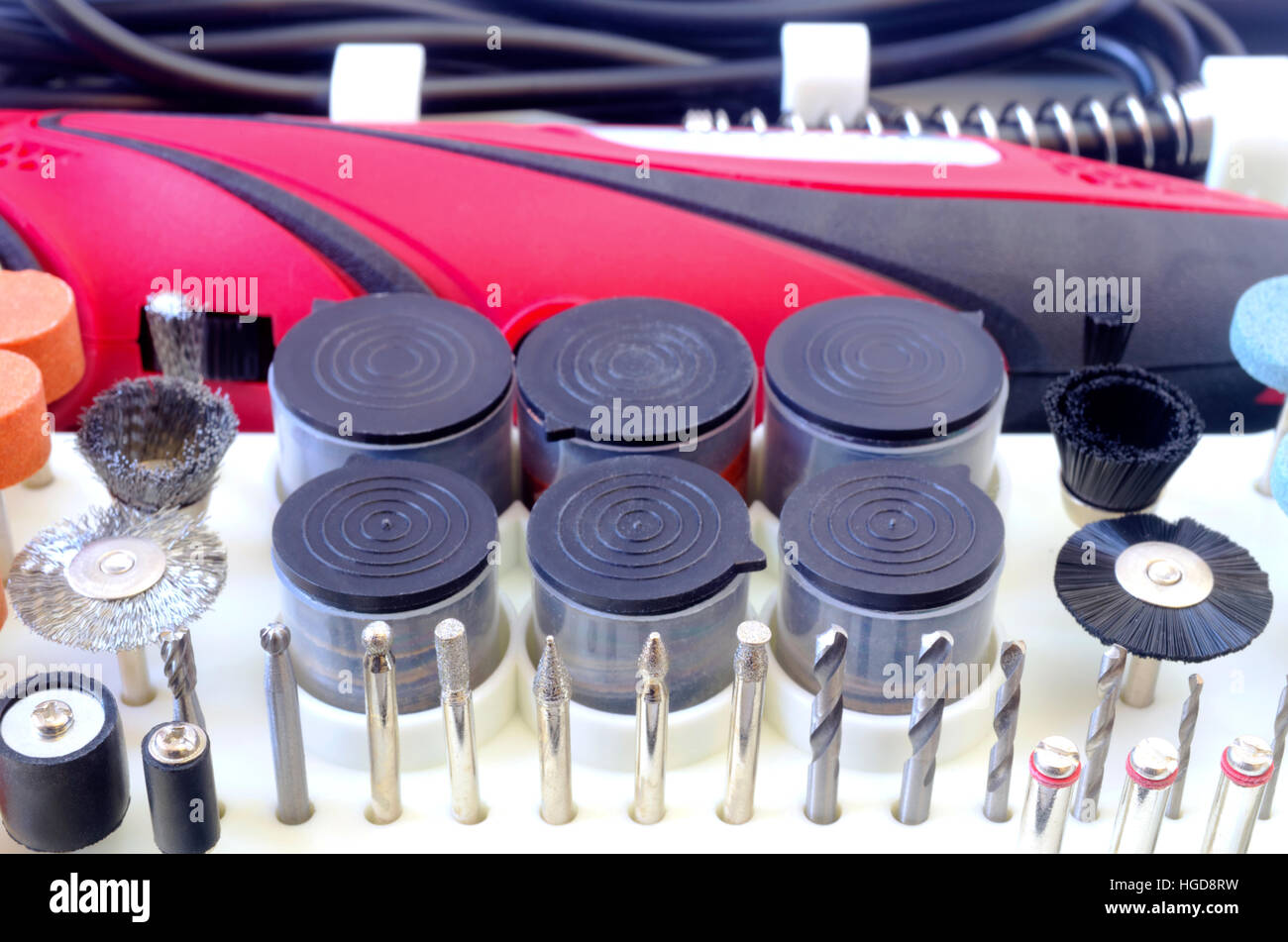 Mini drill machine with set of different accessories closeup Stock ...