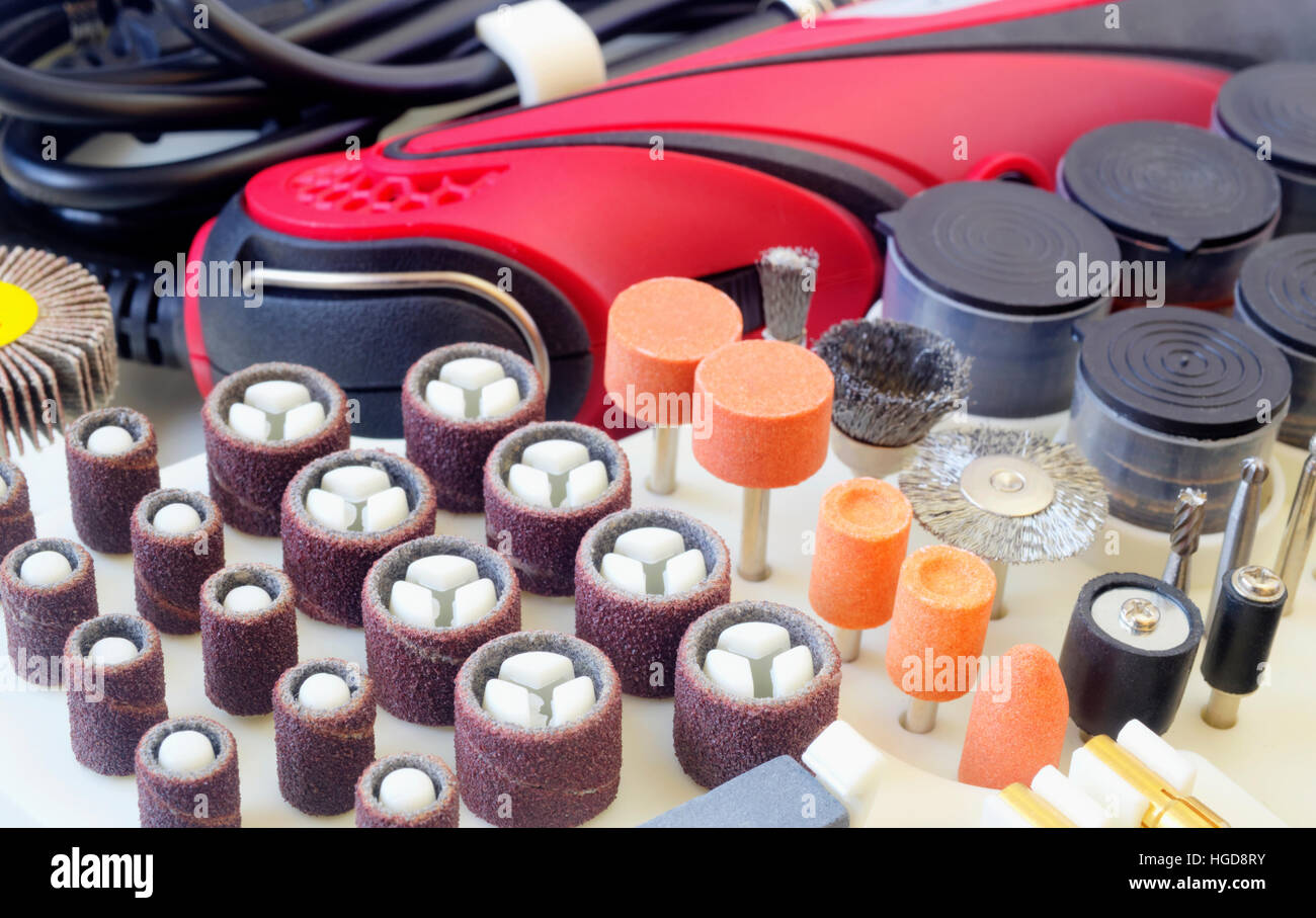 Mini drill machine with set of different accessories closeup Stock ...