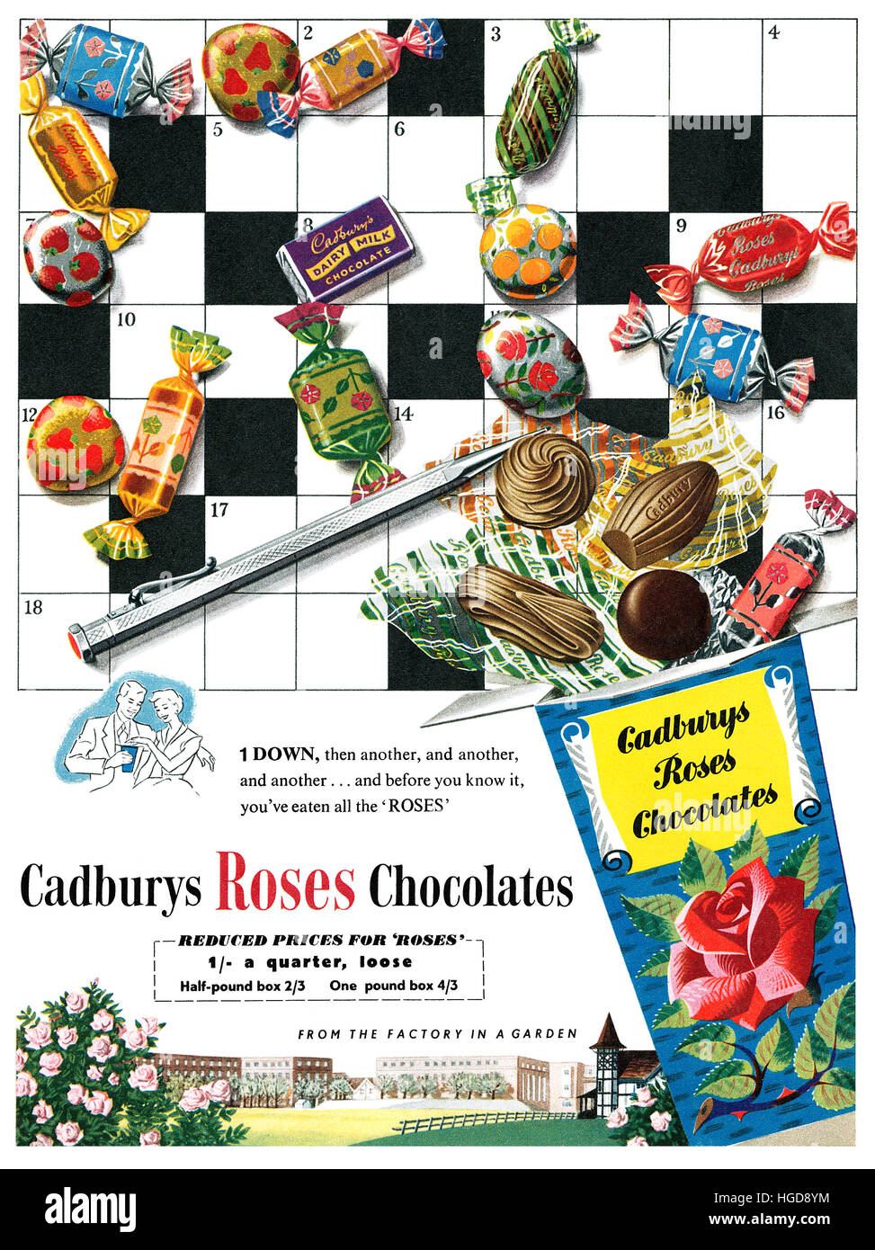 1956 British advertisement for Cadbury's Roses Chocolates Stock Photo ...