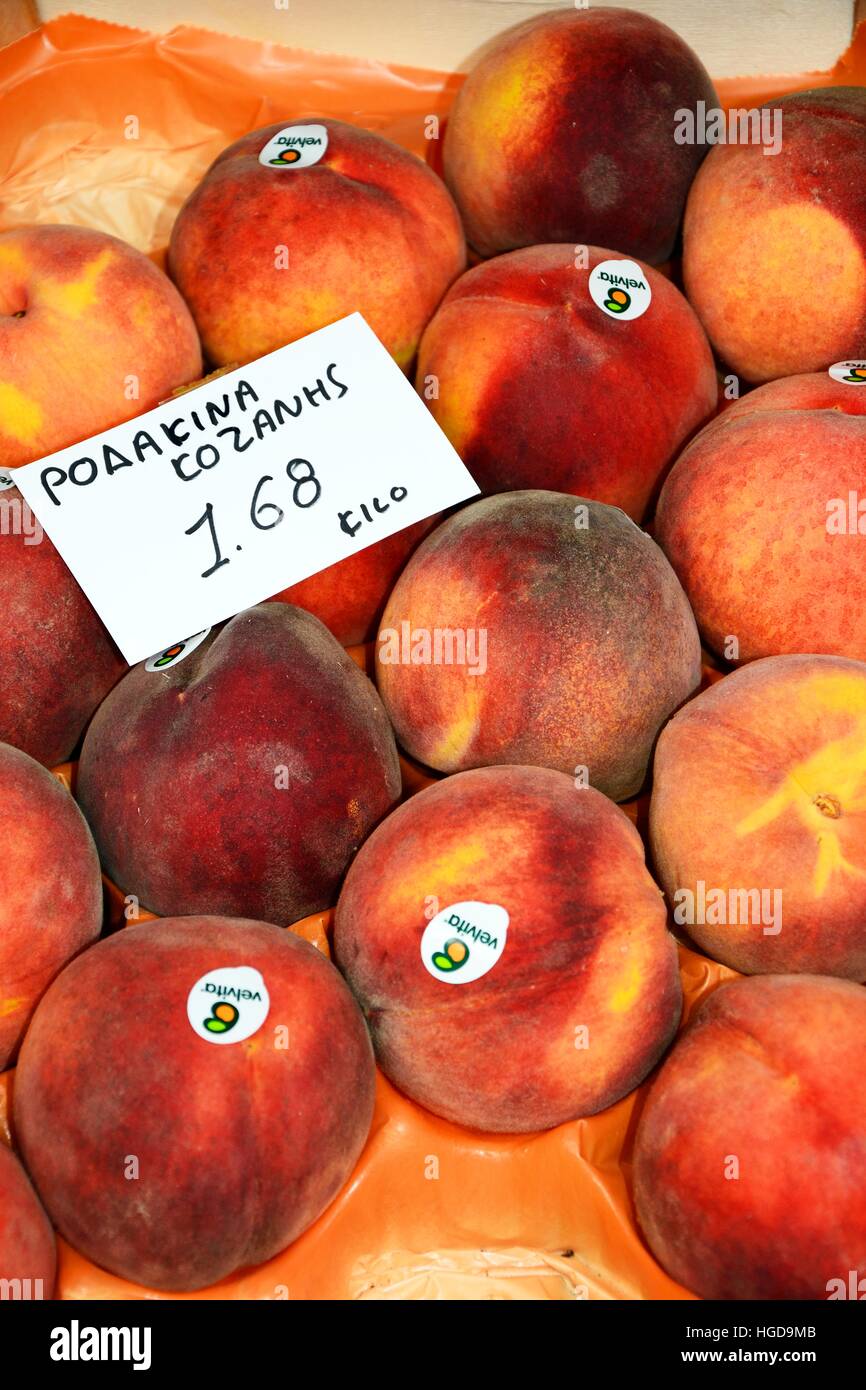 Peaches for sale outside a shop, Chania, Crete, Greece, Europe Stock ...