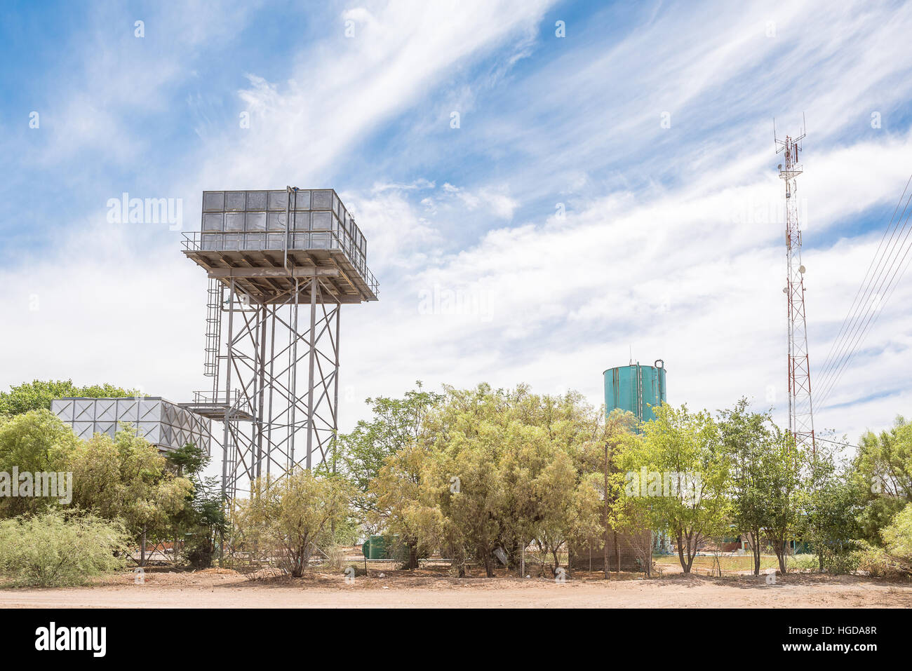 Water reservoirs and a cellphone tower in Jacobsdal, a small town in ...