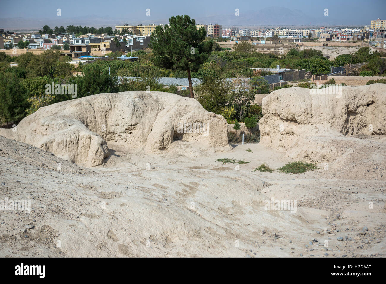 Aerial view from ziggurat structure in ancient archeological site ...