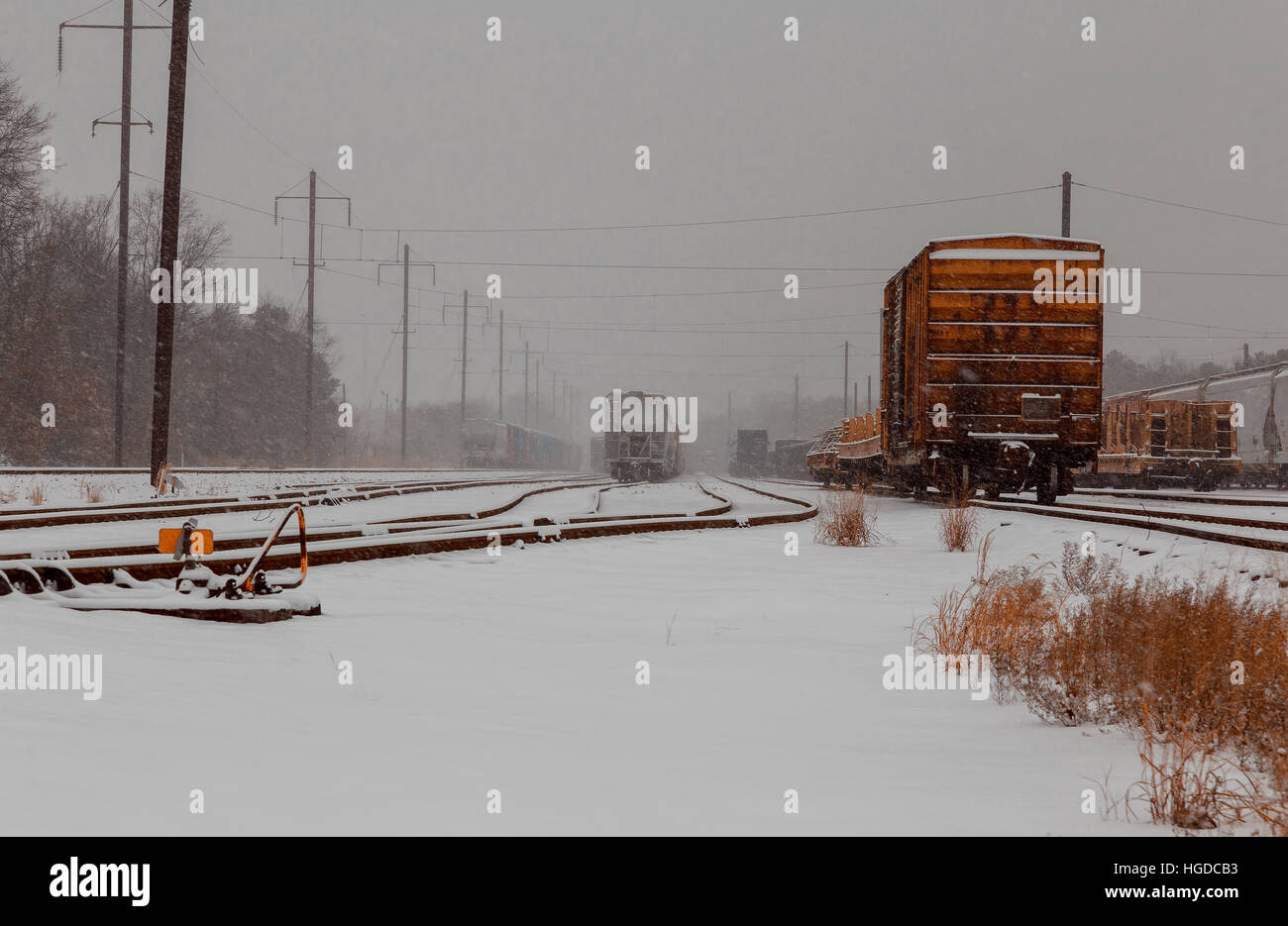 winter snow railway wagons freight train travels through the vast ...