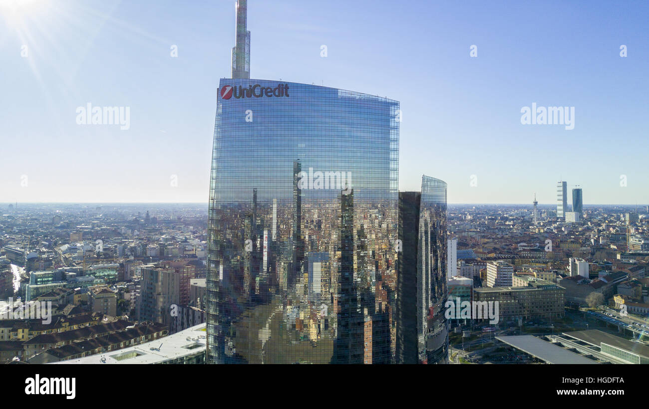 Aerial view of Unicredit Tower, Piazza Gae Aulenti, Milan, Italy. The ...