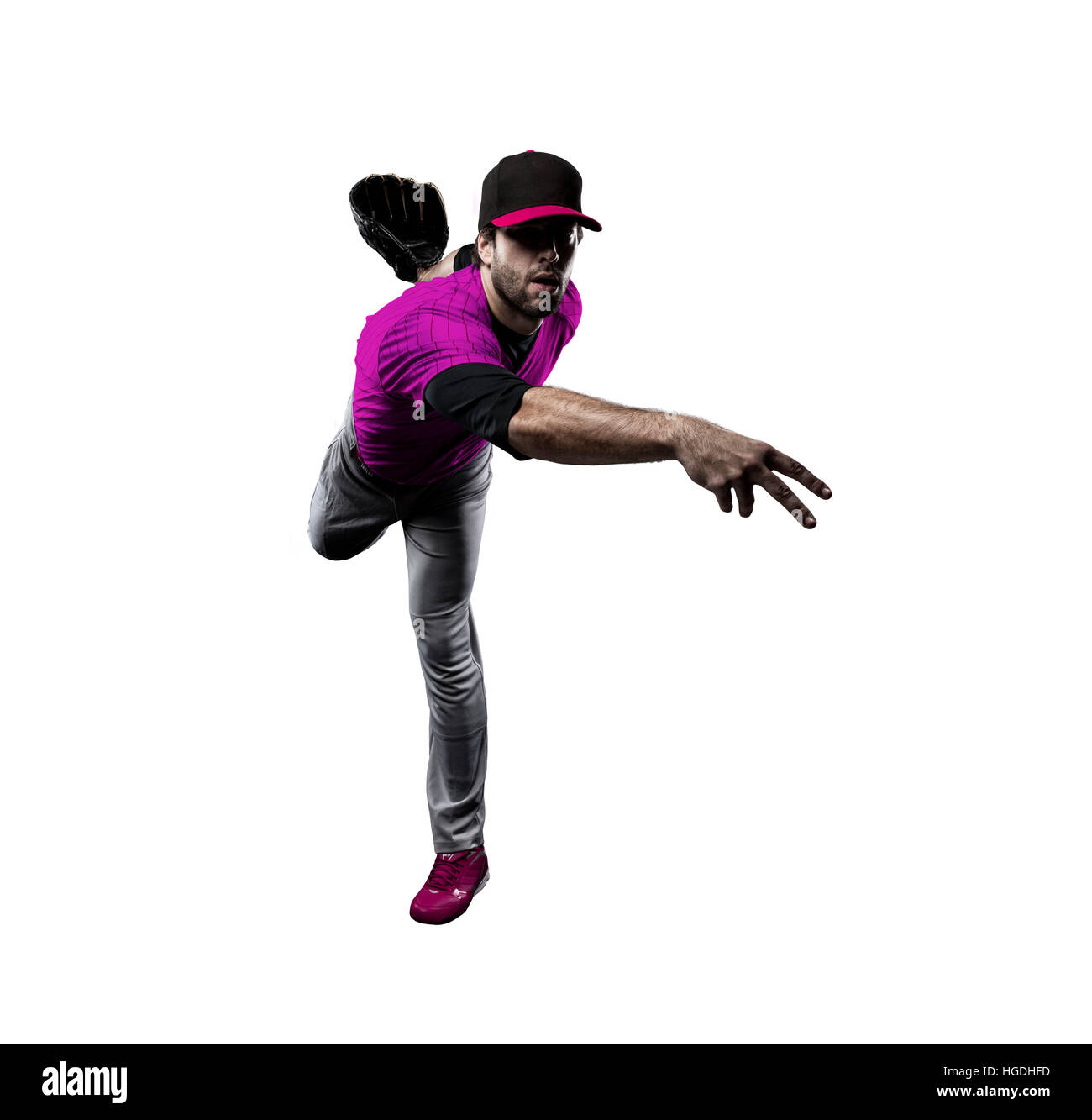 Pitcher Baseball Player with a pink uniform on a white background Stock ...
