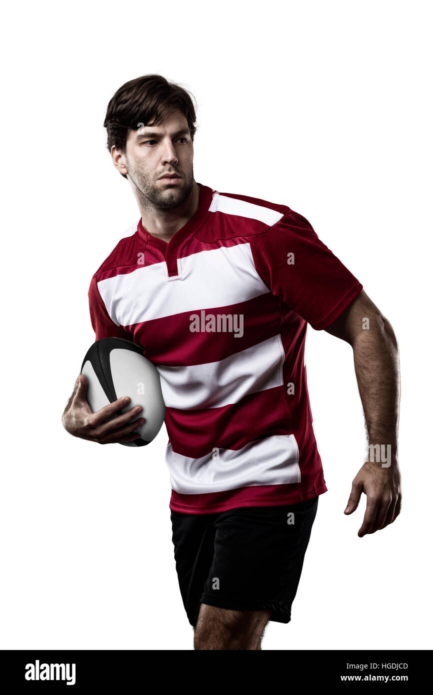 Rugby player in a red uniform. White Background Stock Photo - Alamy