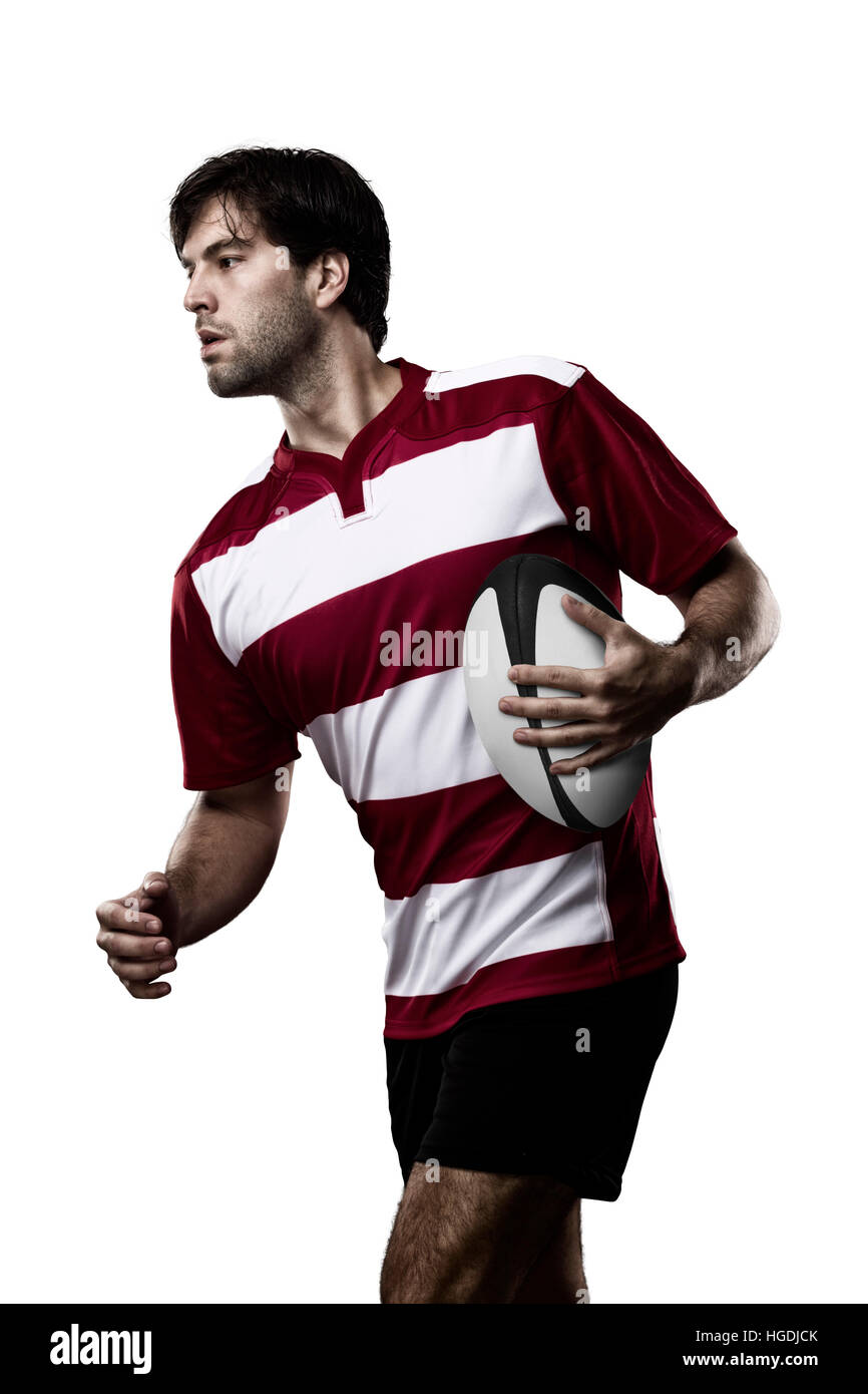 Rugby player in a red uniform. White Background Stock Photo - Alamy