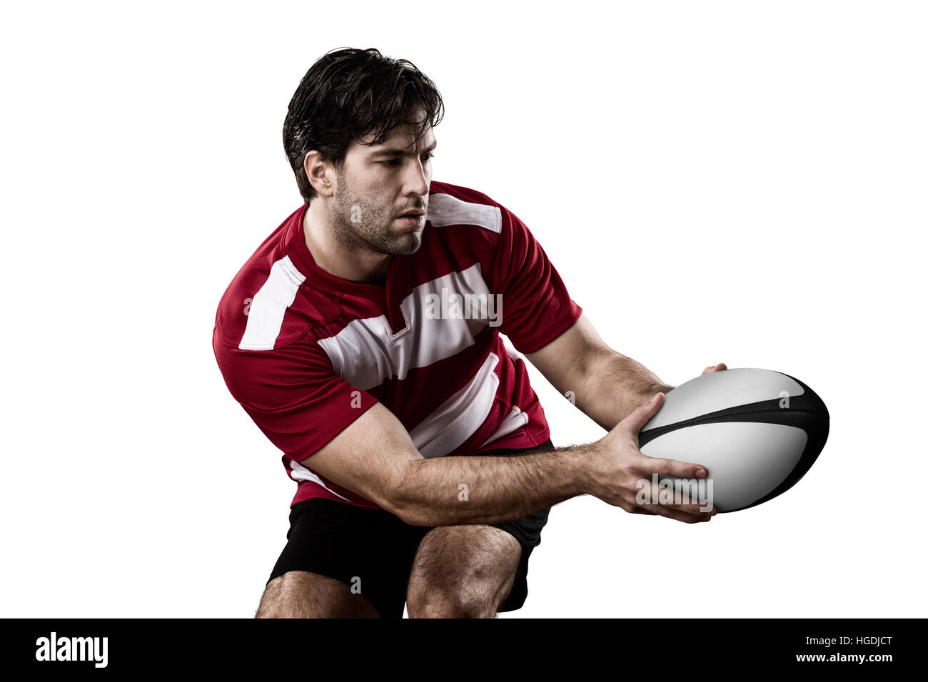 Rugby player in a red uniform. White Background Stock Photo - Alamy