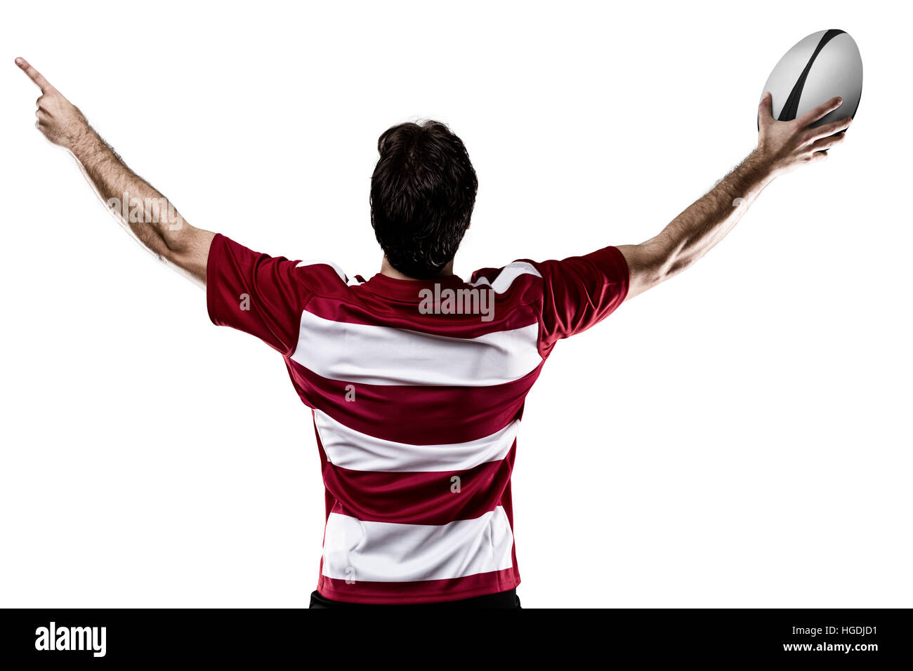 Rugby player in a red uniform celebrating. White Background Stock Photo ...