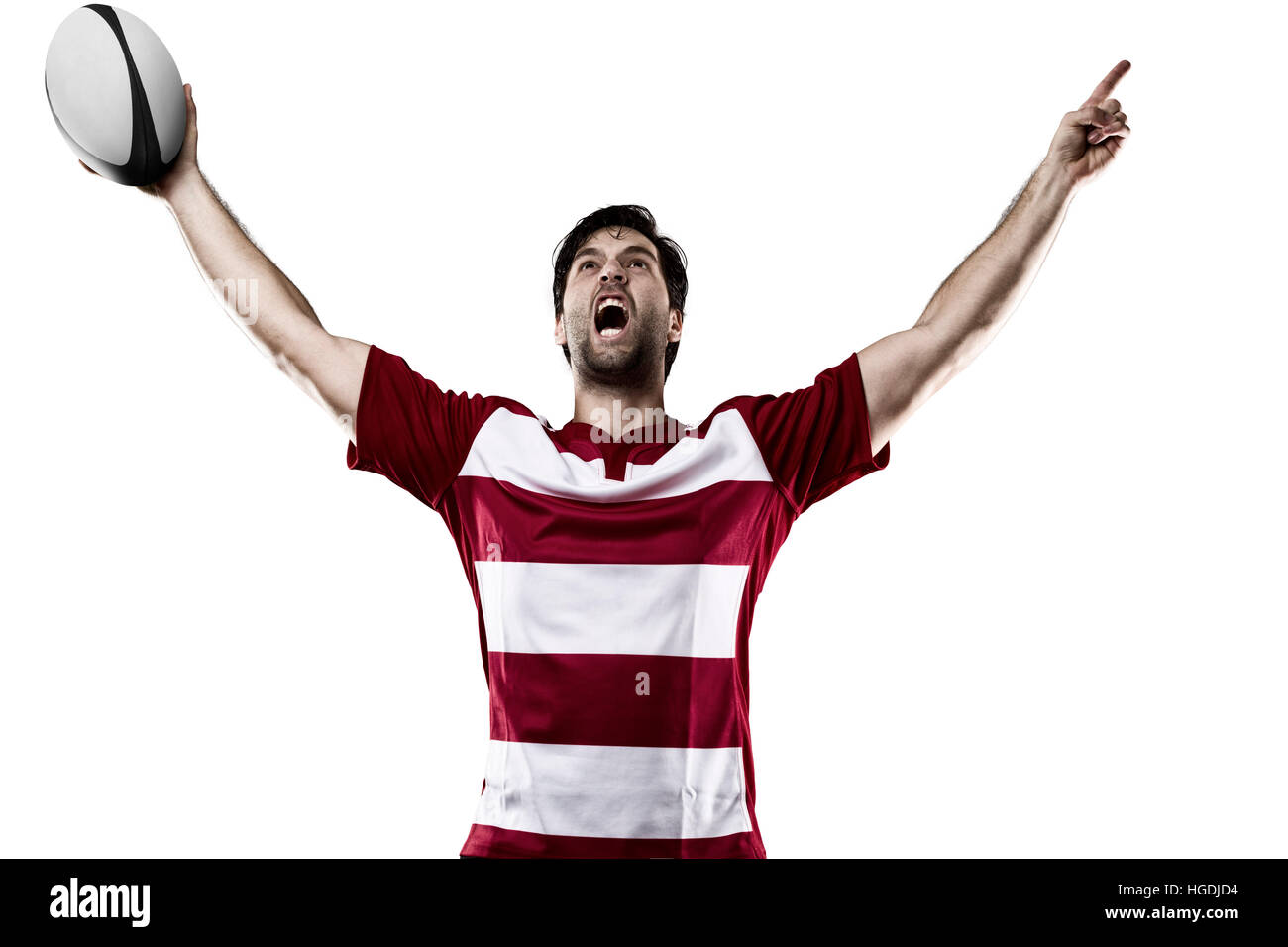 Rugby player in a red uniform celebrating. White Background Stock Photo ...