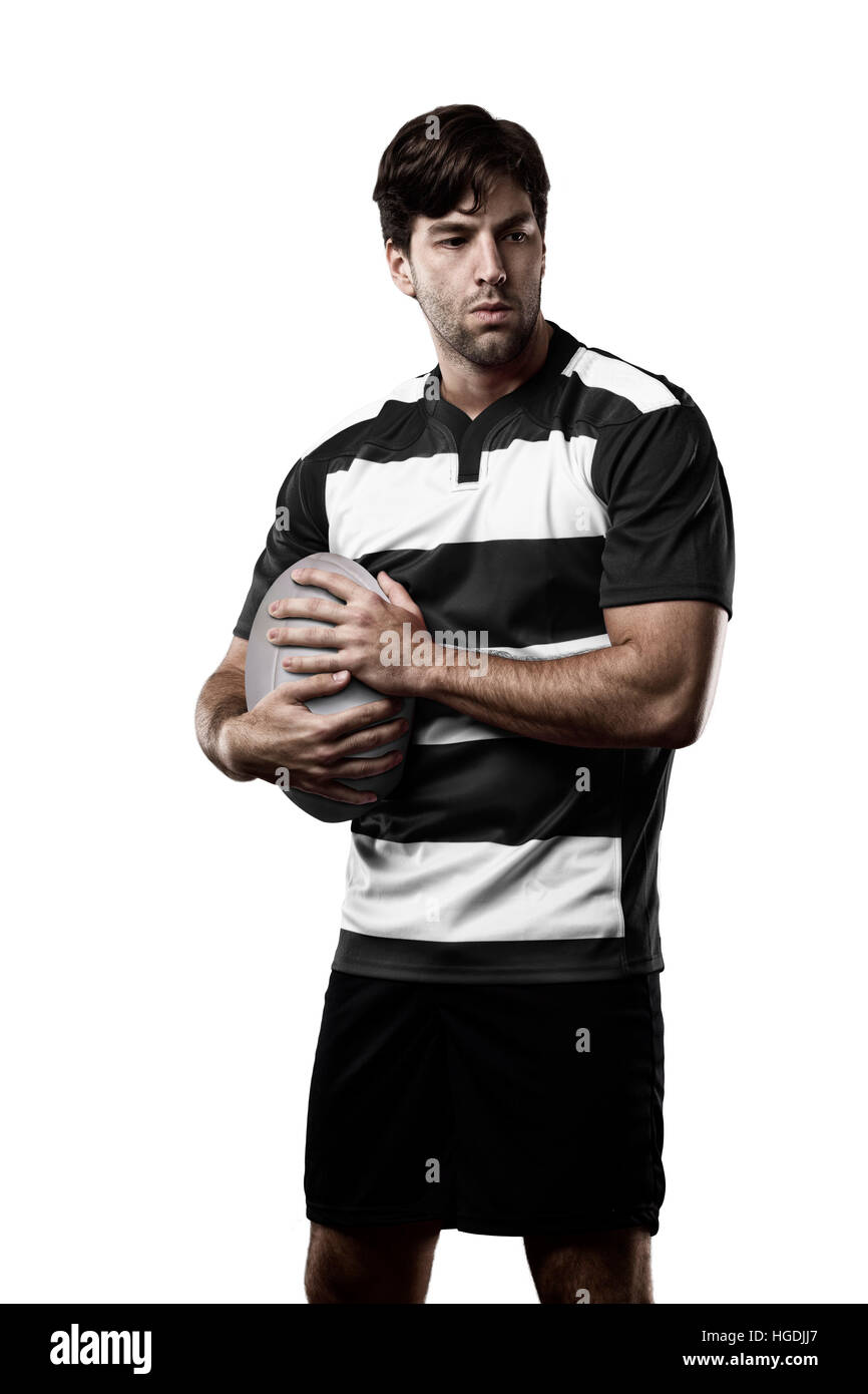 Rugby player in a black and white uniform. White Background Stock Photo ...