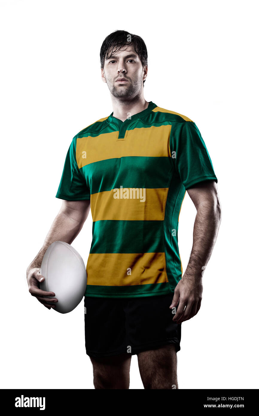 Rugby player in a green and gold uniform. White Background Stock Photo ...