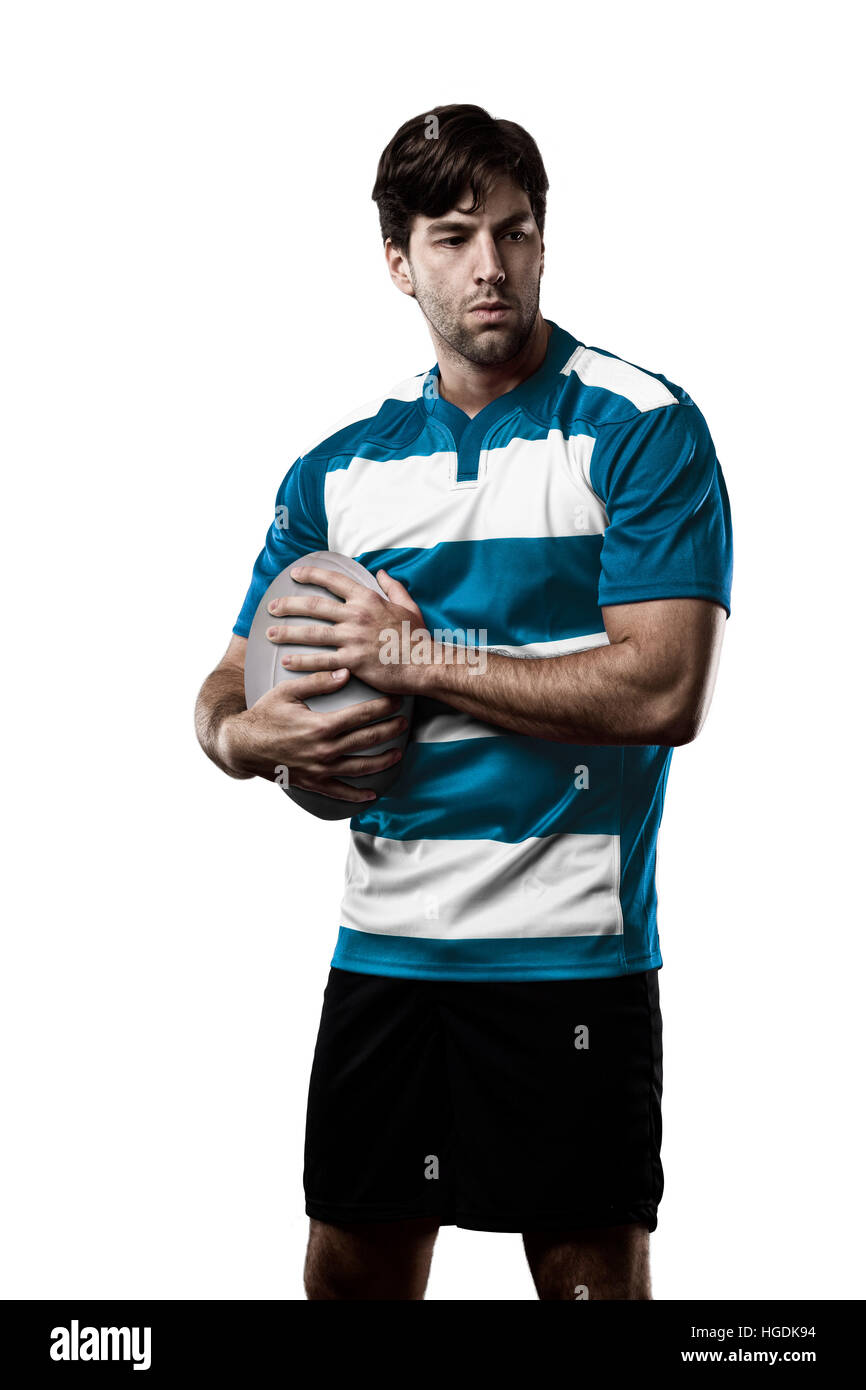 Rugby player in a Blue uniform. White Background Stock Photo - Alamy